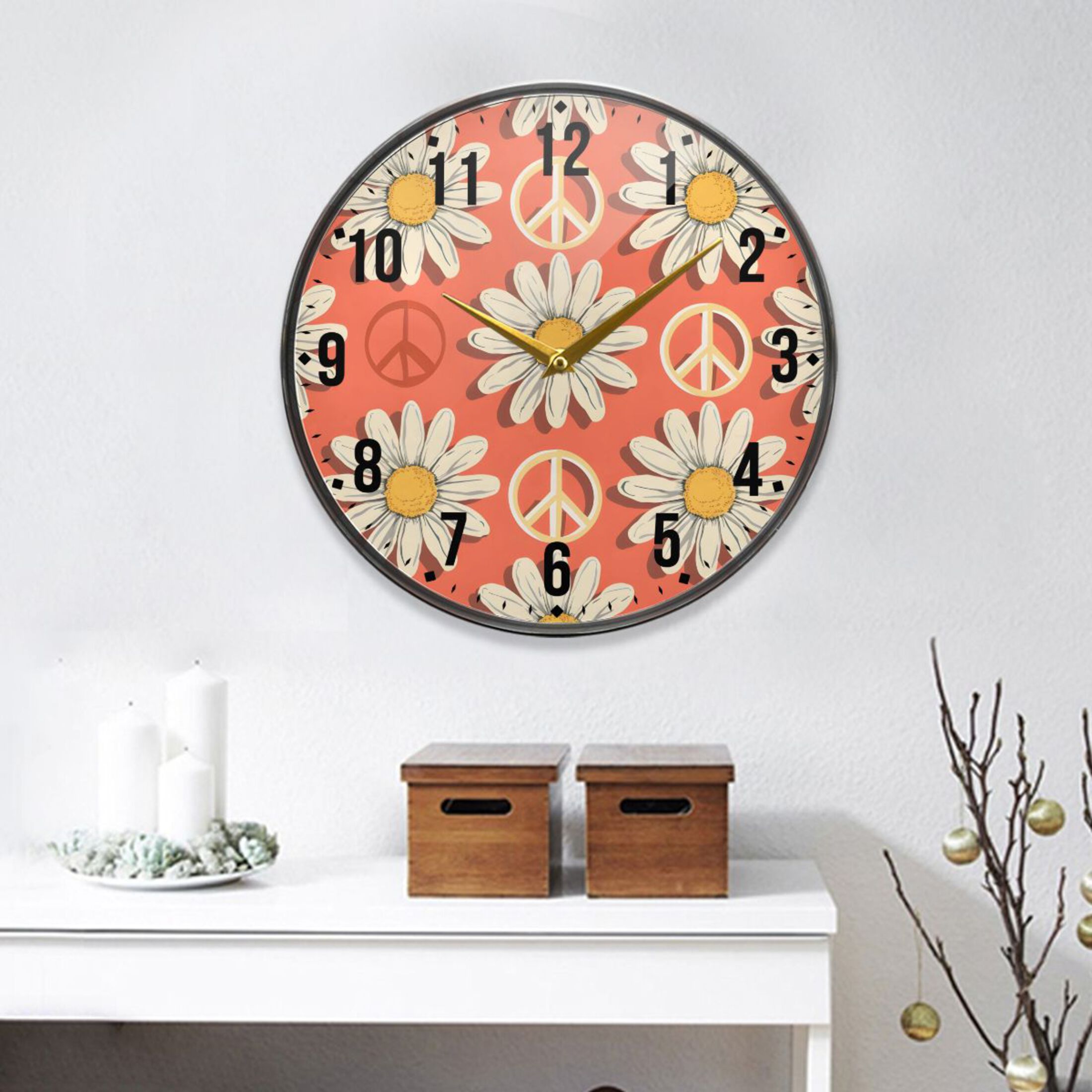 Groovy Daisy Flower with Peace Symbol Round Wall Clock 12 Inch Non ...