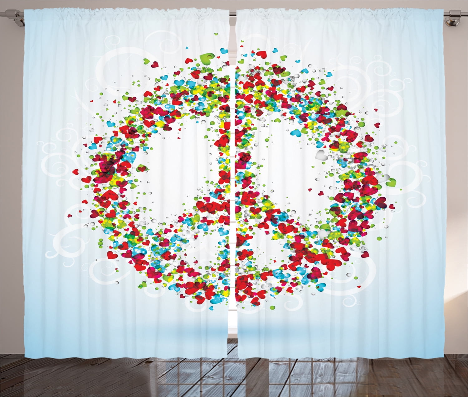 Ambesonne Colorful Curtains 2 Panel Set, Peace Sign with Hearts, 108" x ...