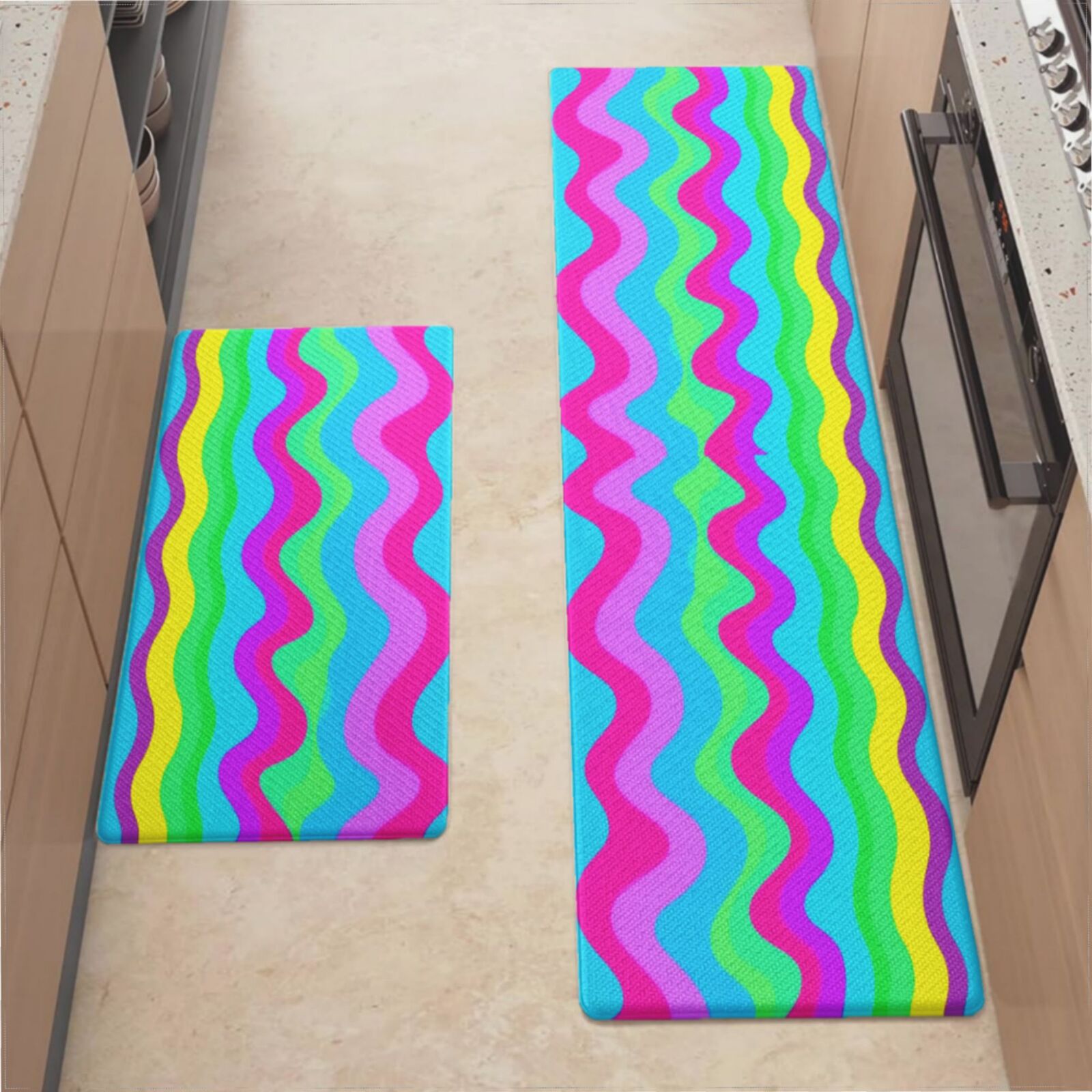 Groovy Disco Waves 70s Neon Glow Pvc Kitchen Mat Runner 2 Pieces Non ...