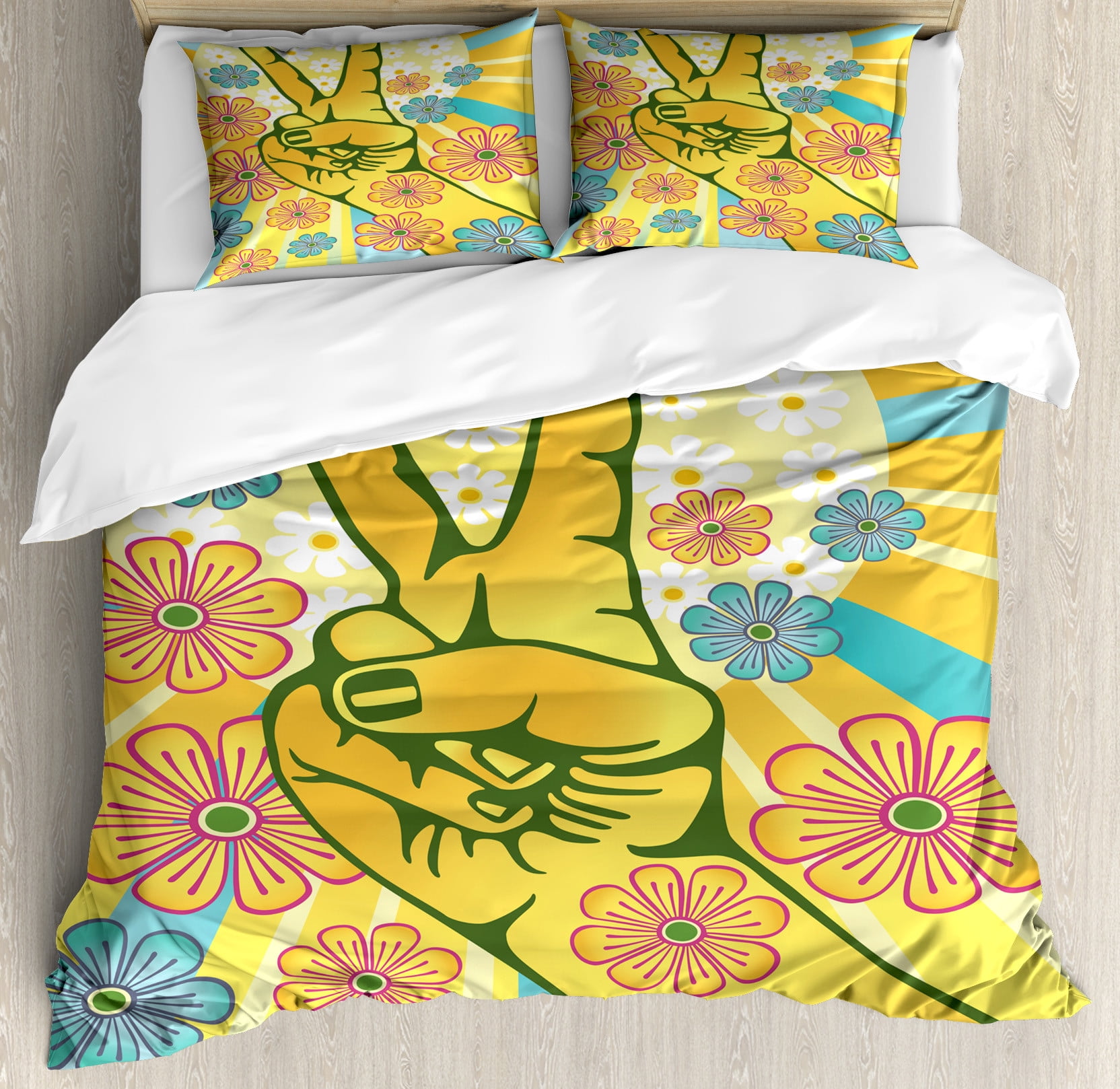Groovy Duvet Cover Set, Hand Gesturing Peace with Flowers and Sunbeams ...