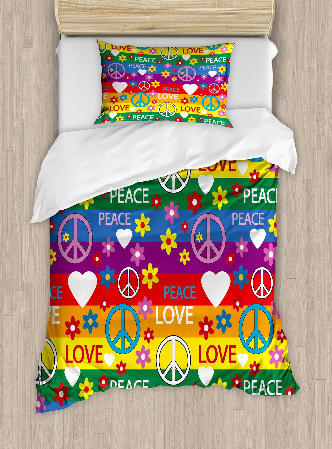 Groovy Duvet Cover Set, Heart Peace Flower Power Political Hippie ...
