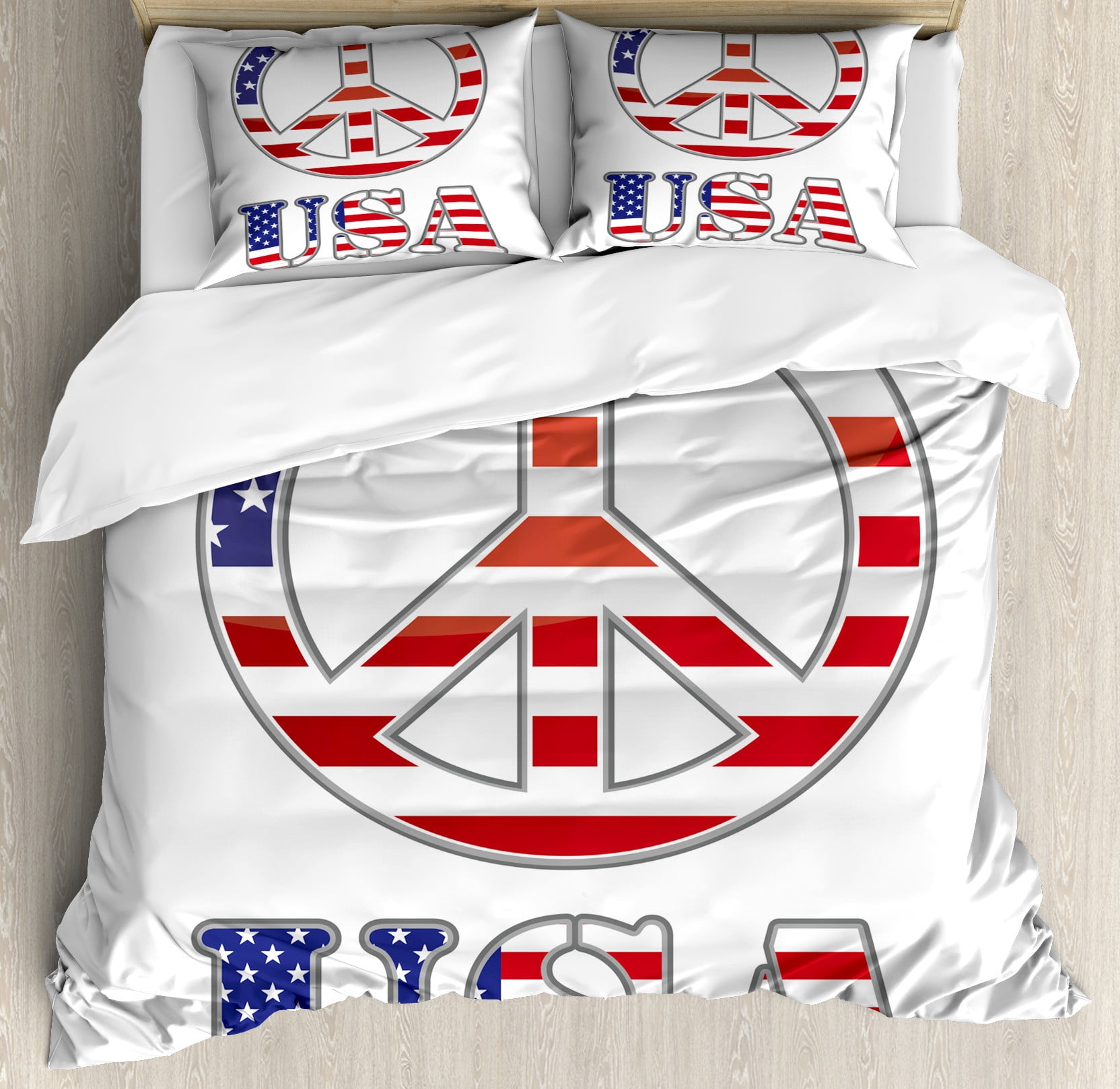 Groovy Duvet Cover Set, Modern Peace Sign USA Flag Color Design Hippie ...
