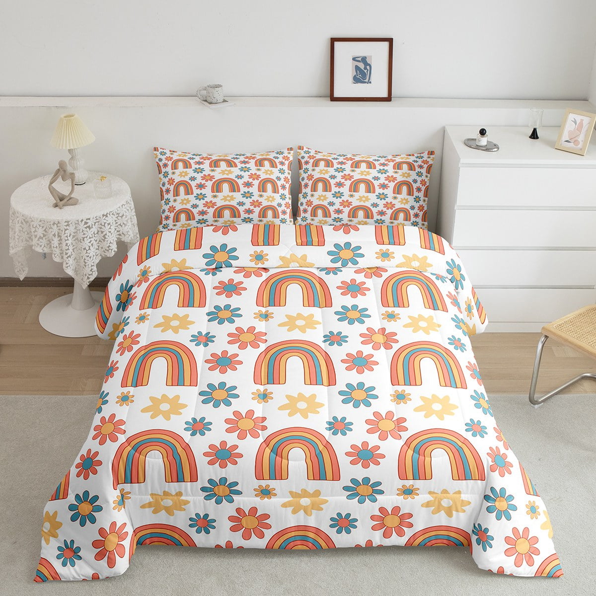 Groovy Floral Bedding Set Queen Rainbow Comforter Set, Colorful Flower ...