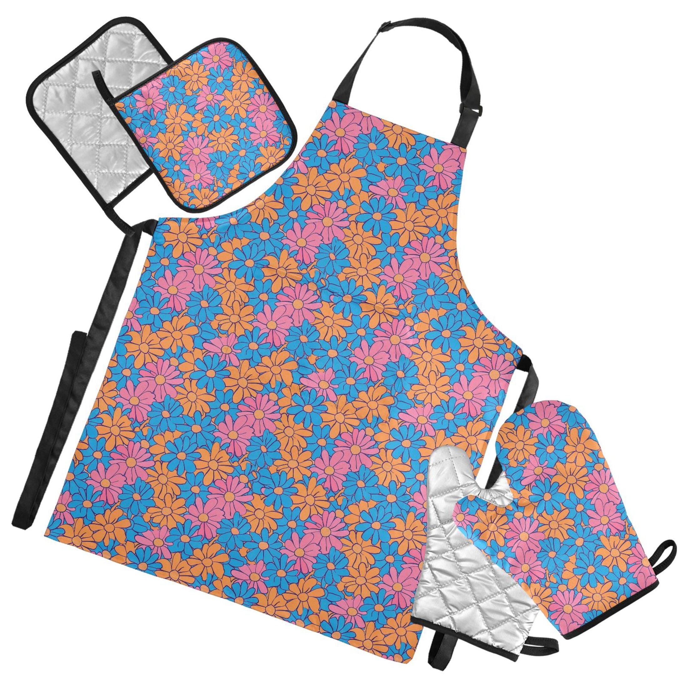 Groovy Floral Retro Daisies 5 Pcs Kitchen Set Heat Resistant Oven Mitts ...