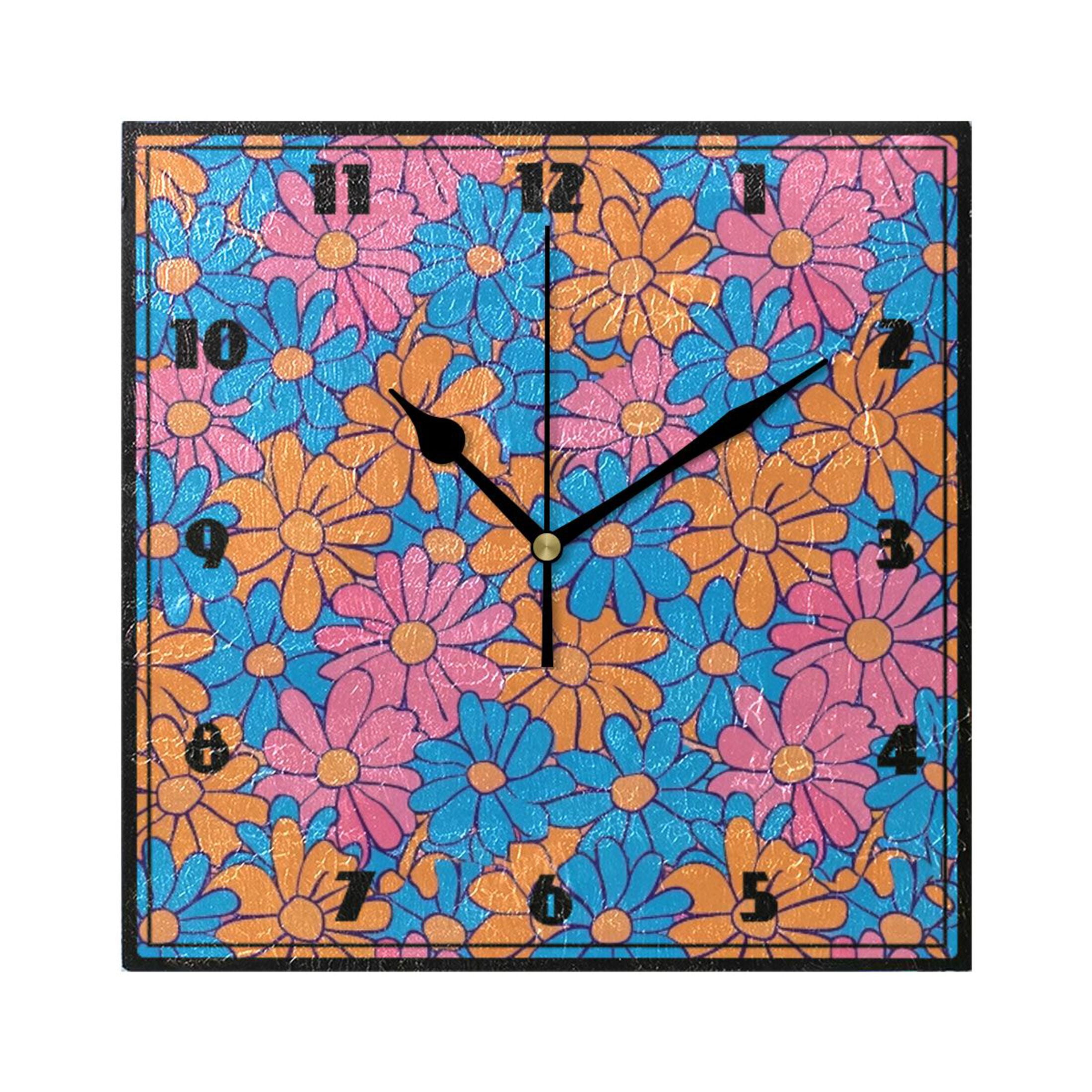 Groovy Floral Retro Daisies Wall Clock 7.78" Non-Ticking Silent Battery ...