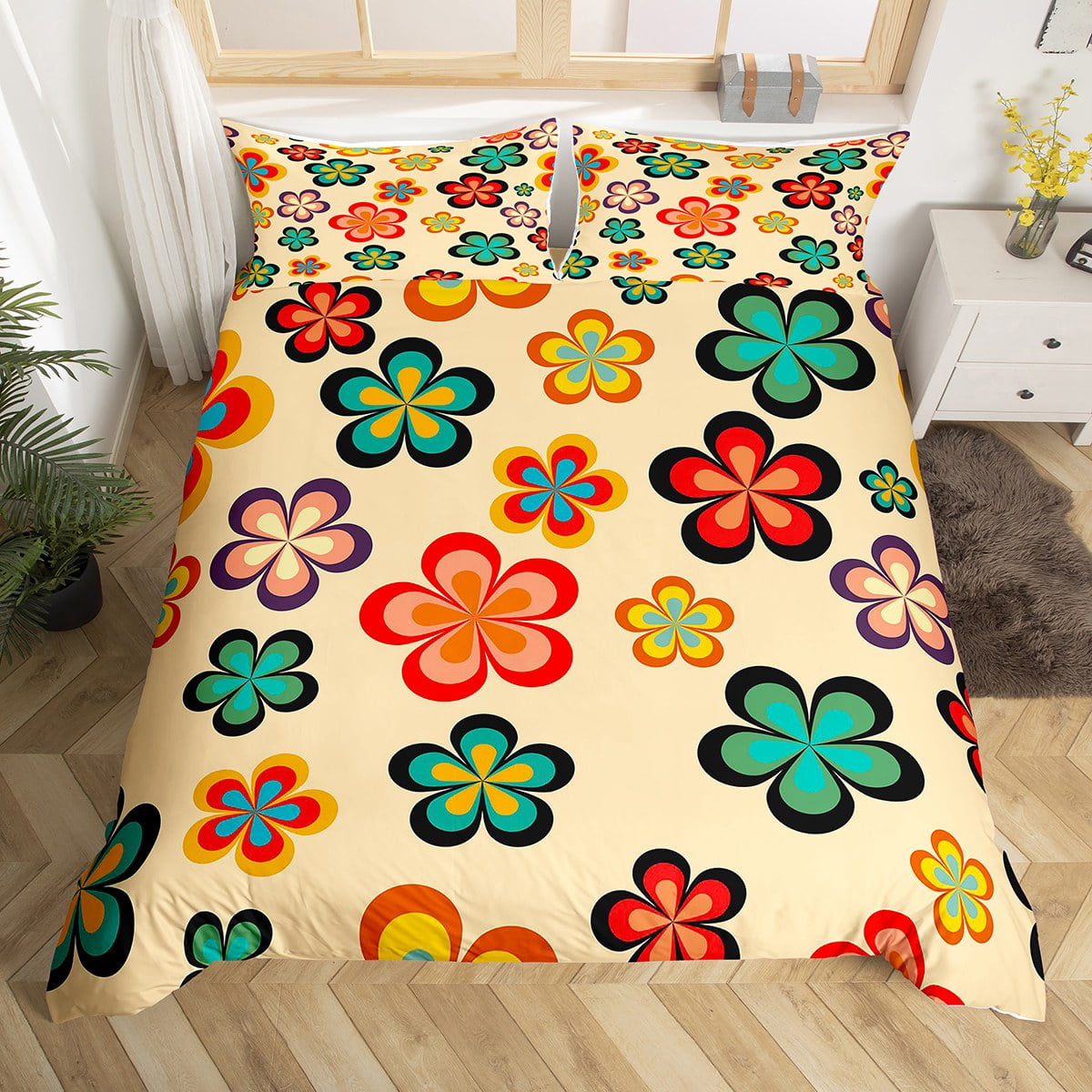 Groovy Flower Bedding Set King Size,Colorful Vintage Florals Duvet ...