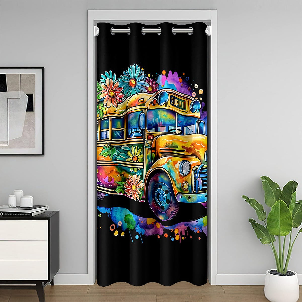 Groovy Flower Door Curtain For Doorway Privacy,Funky Bus Blackout ...