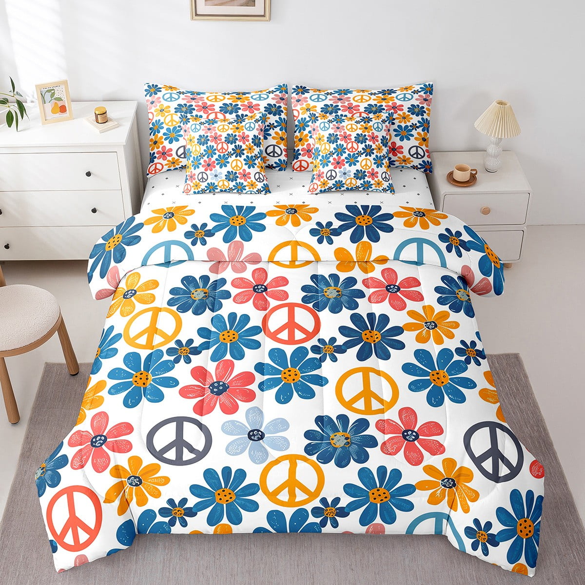Groovy Flowers Bedding Set Boho Hippie Peace Sign Comforter 7 Pieces ...