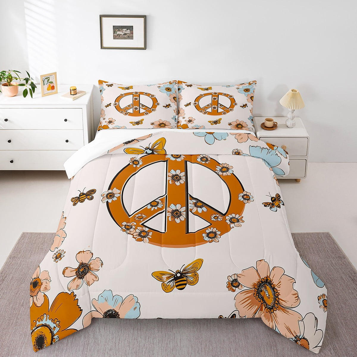 Groovy Flowers Comforter Sets Peace Symbol Print Bedding Sets Boho ...