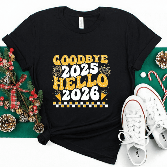 Groovy Goodbye 2025 Hello 2026 Holiday New Year Retro Unisex T-Shirt up ...