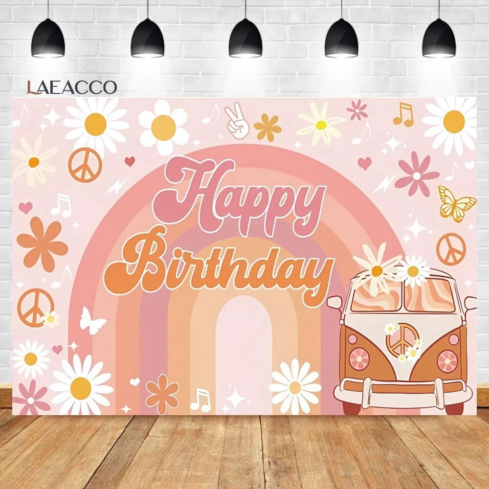 Groovy Happy Birthday Backdrop Retro Boho Girl 70s Daisy Floral Baby ...