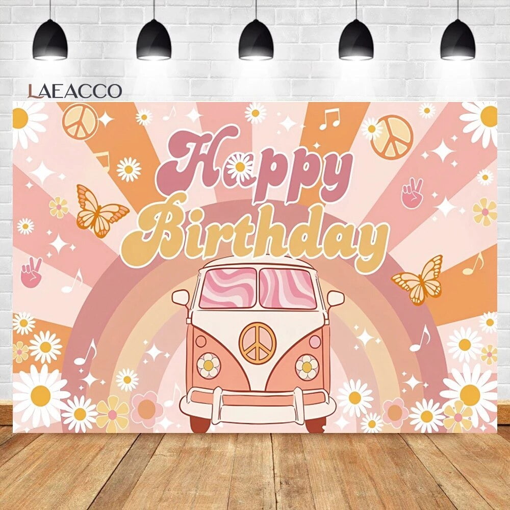 Groovy Happy Birthday Backdrop Retro Boho Girl 70s Daisy Floral Baby ...