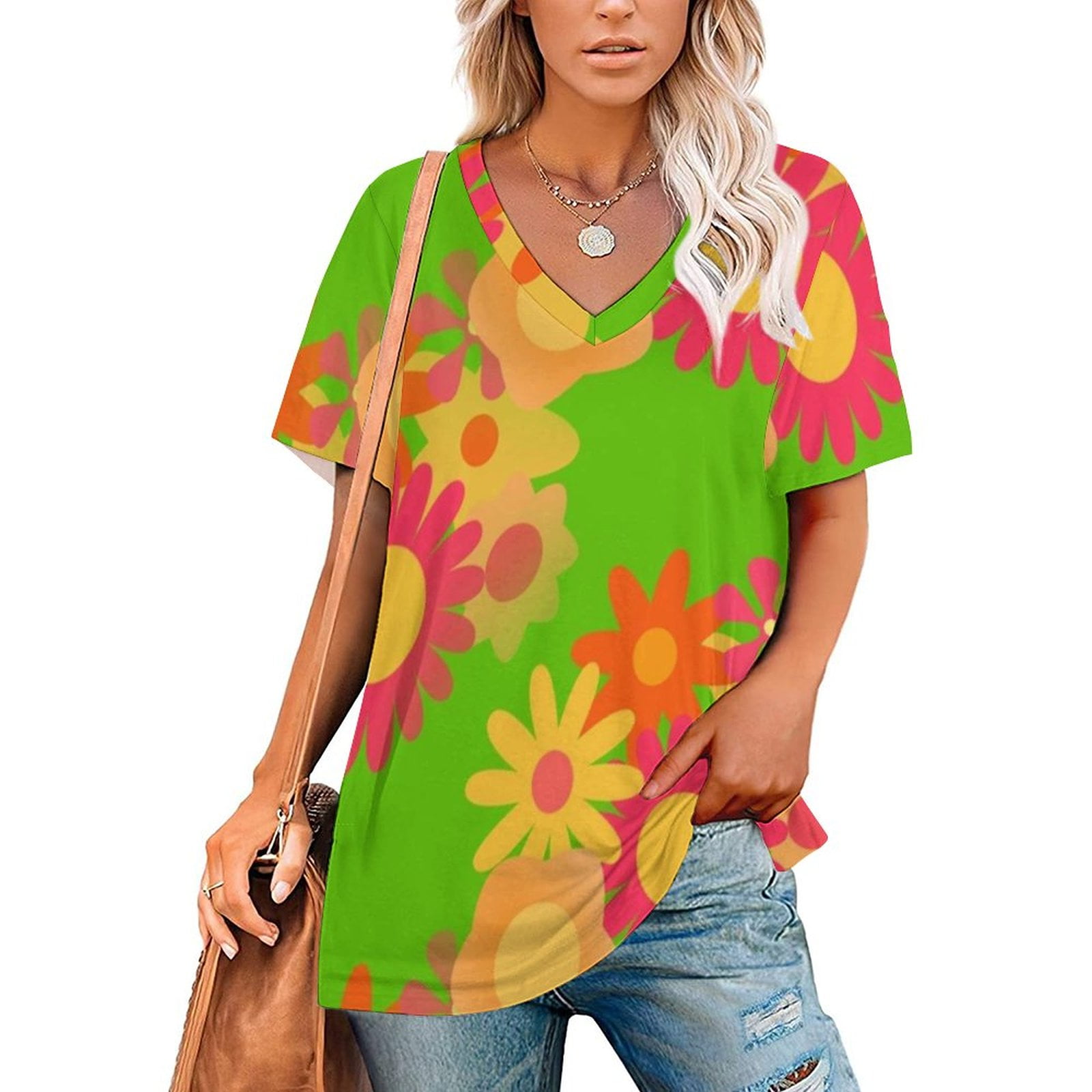Groovy Mod Floral 2221 Women Print T Shirt Casual Off Shoulder Loose ...