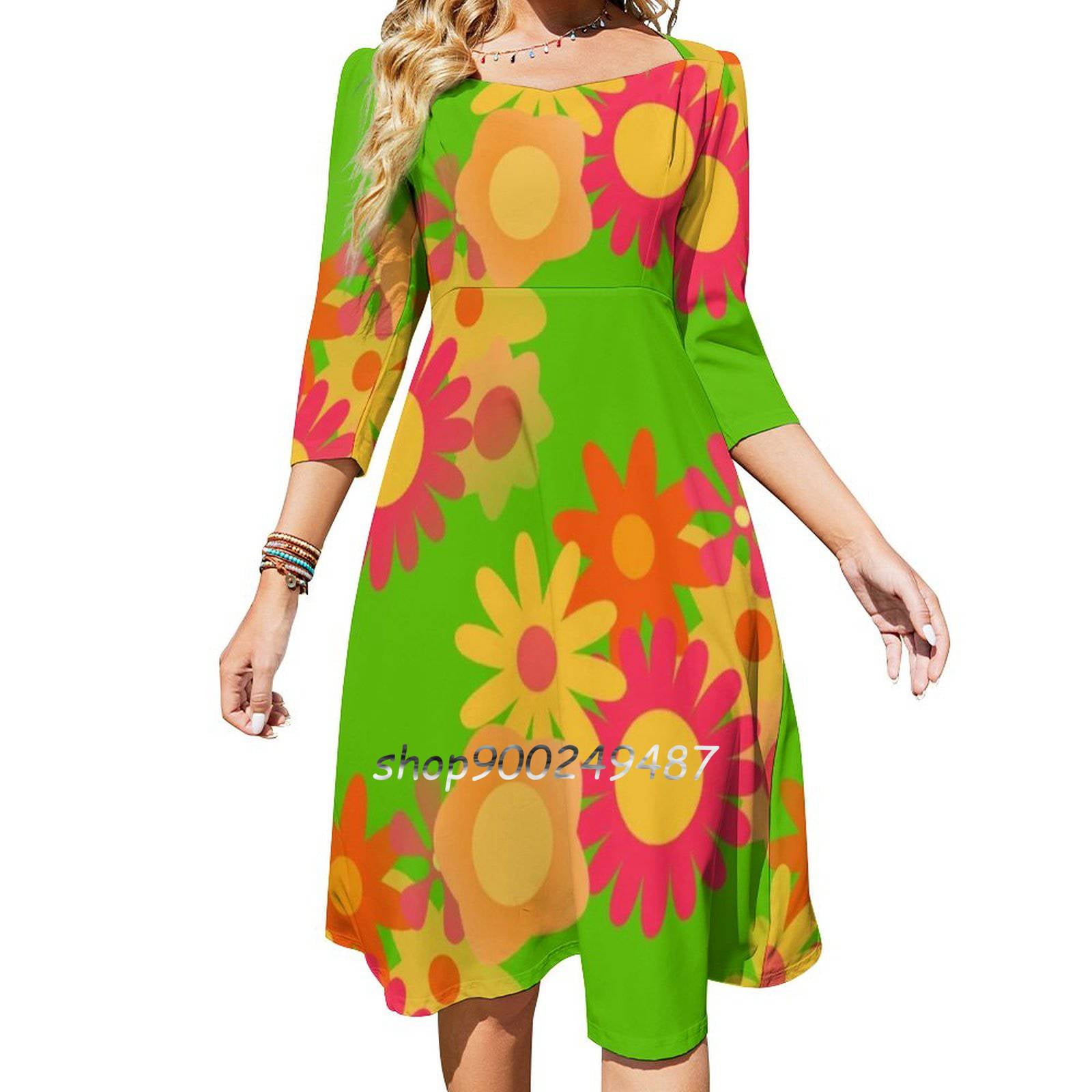 Groovy Mod Floral Flare Dress Square Neck Dress Elegant Female Fashion ...