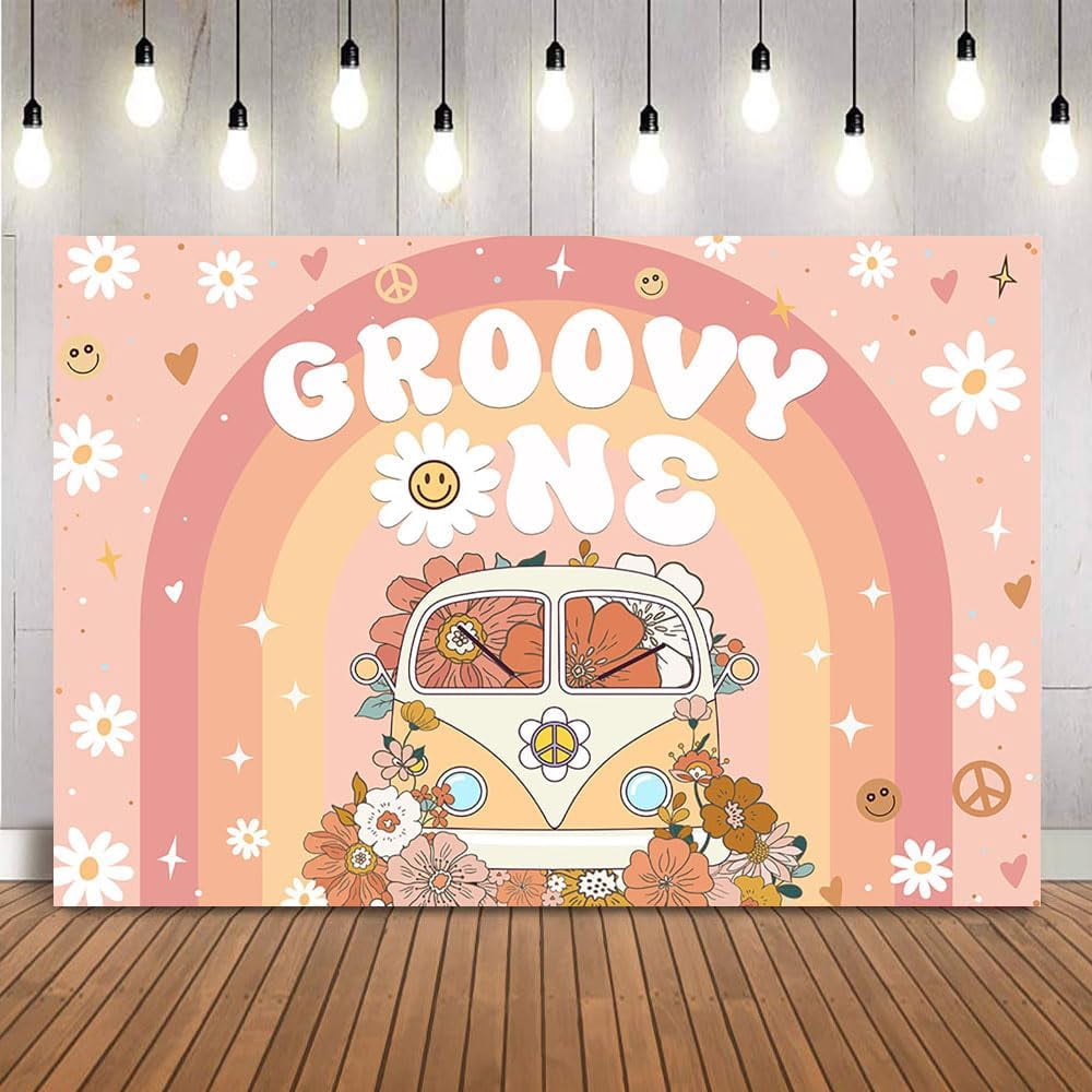Groovy One Birthday Background Boho Rainbow Bus Photo Backdrop Daisy ...
