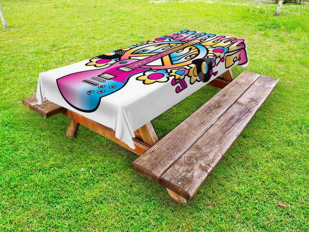 Groovy Outdoor Tablecloth, Peace Love Music Text with Peace Symbol ...