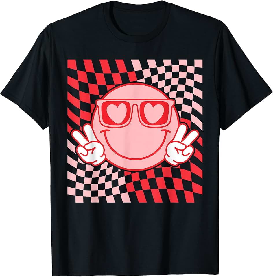 Groovy Peace Sign Smiley Face Heart Glasses Checkerboard Graphic T ...