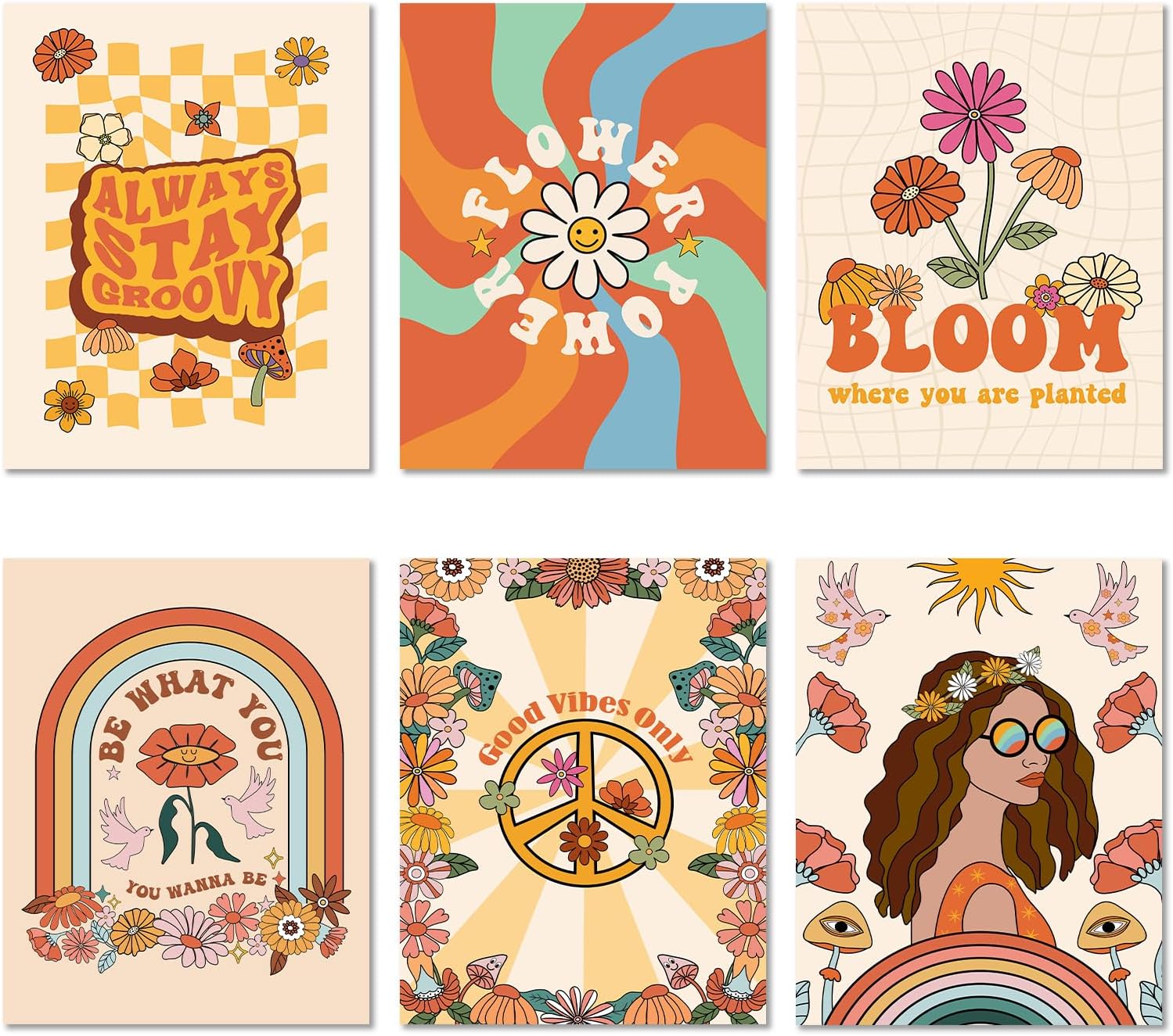 Groovy Posters and Hippie Posters for Bedroom Set of 6 / Retro Poster ...