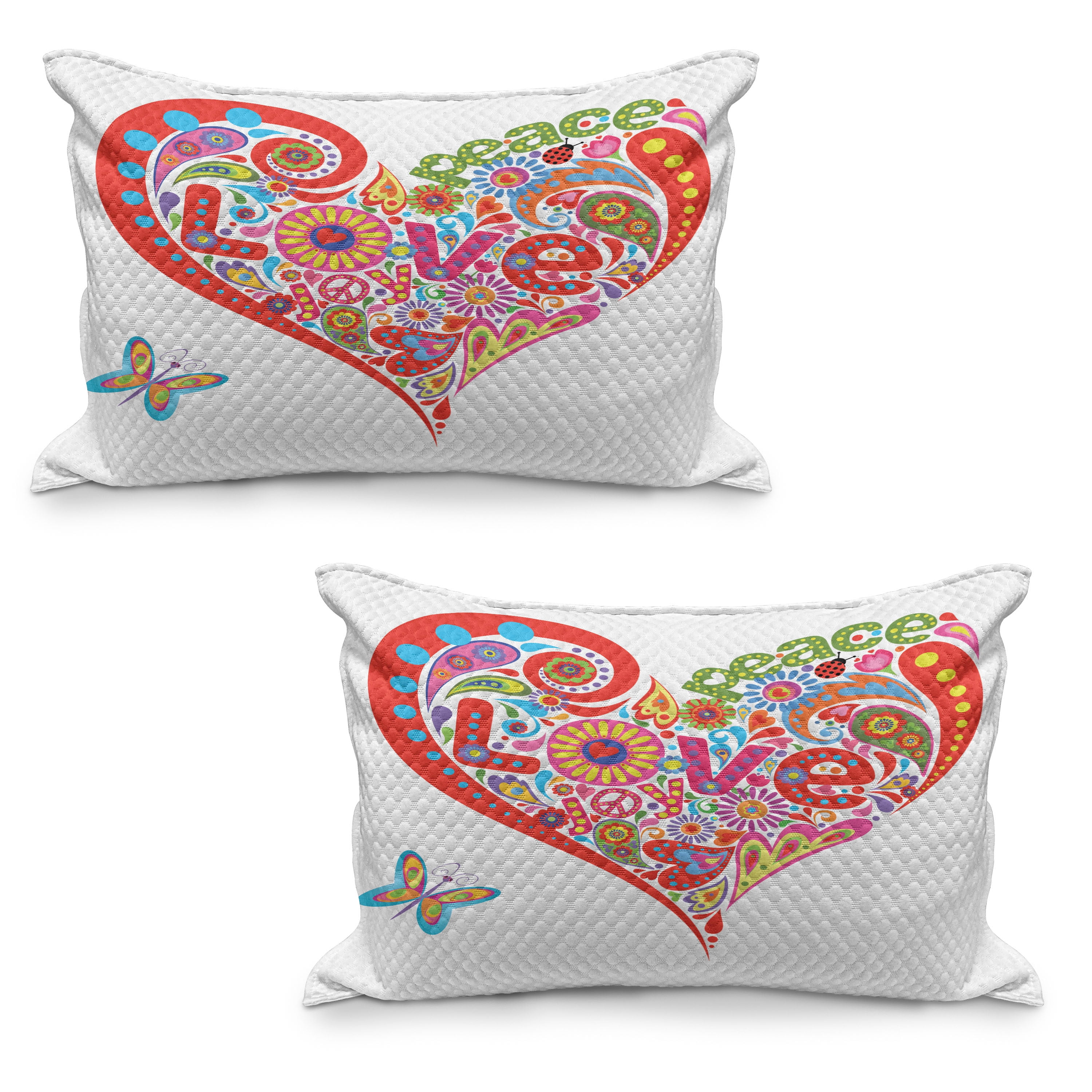 Groovy Quilted Pillowcover Set of 2, Hippie Heart Shape Colorful ...