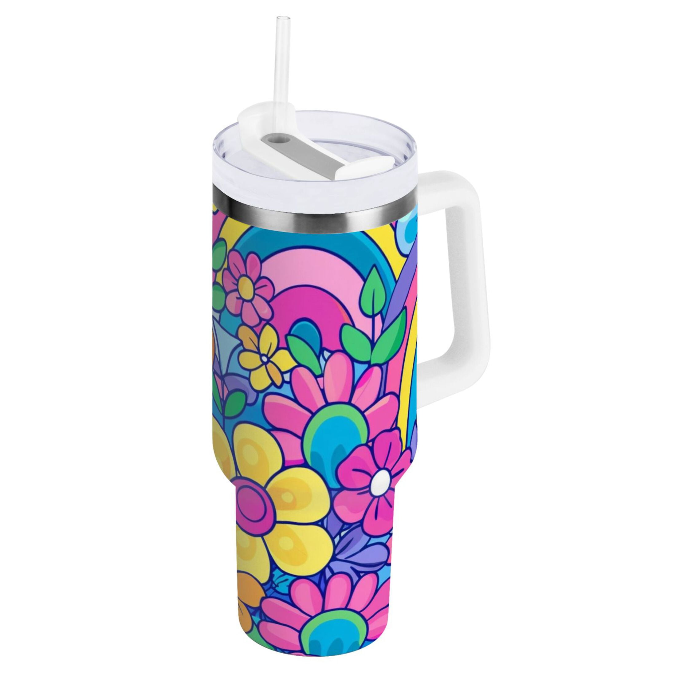 Groovy Rainbow and Flowers 40 oz Tumbler with Handle and Straw Lid ...