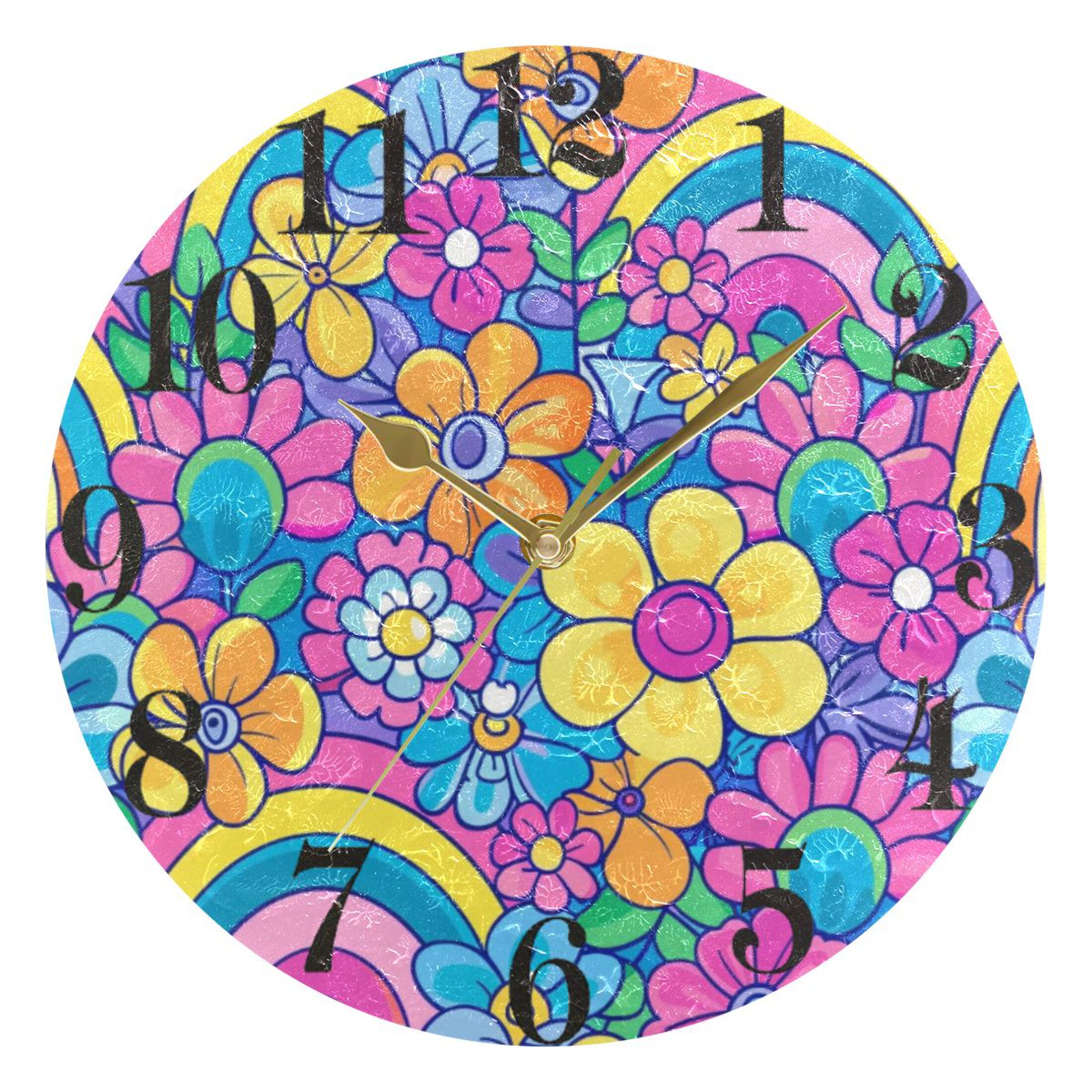 Groovy Rainbow and Flowers Wall Clock 9.8 inch Battery Operated Clocks ...