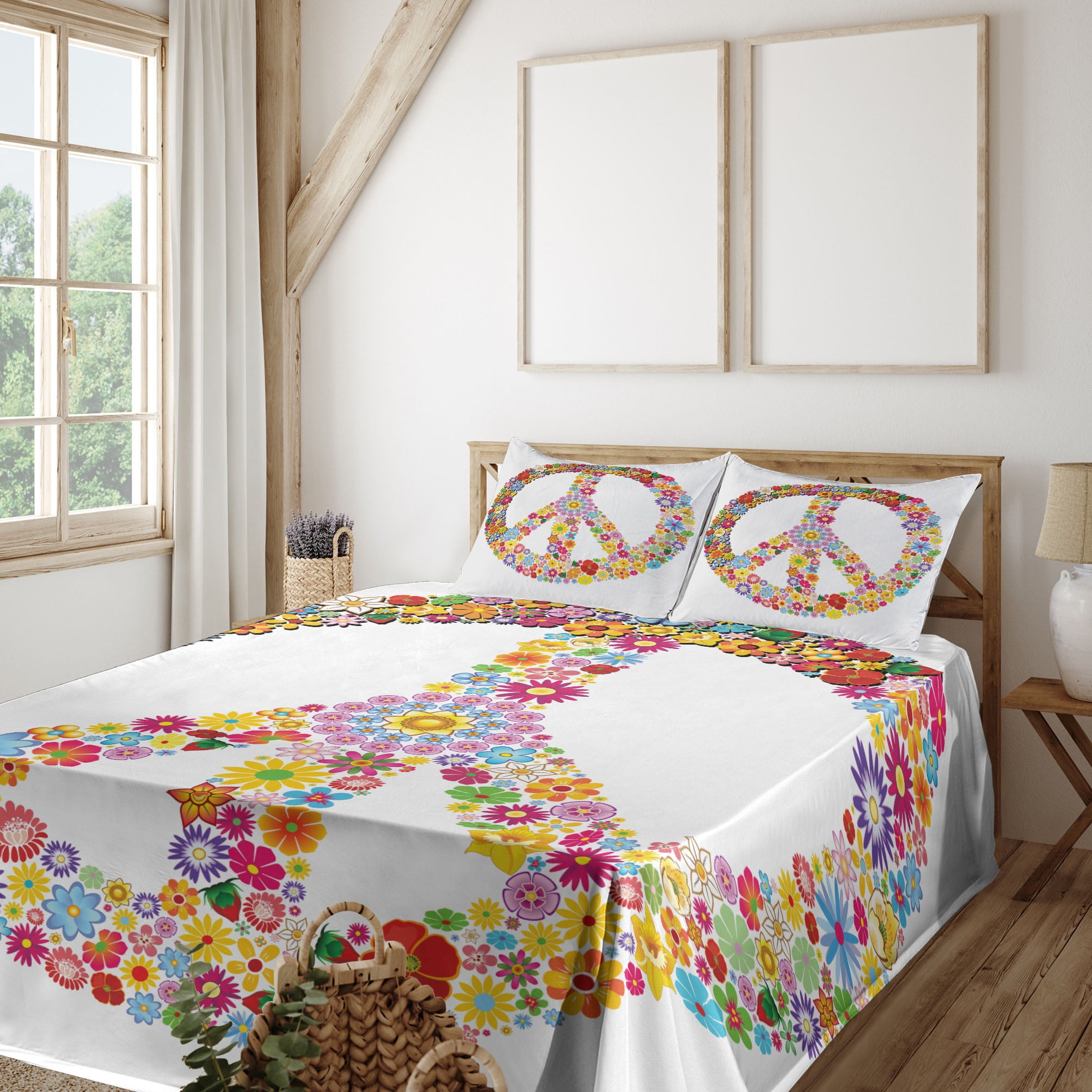 Groovy Sheet Set, Floral Peace Sign Summer Spring Blooms Love Happiness ...