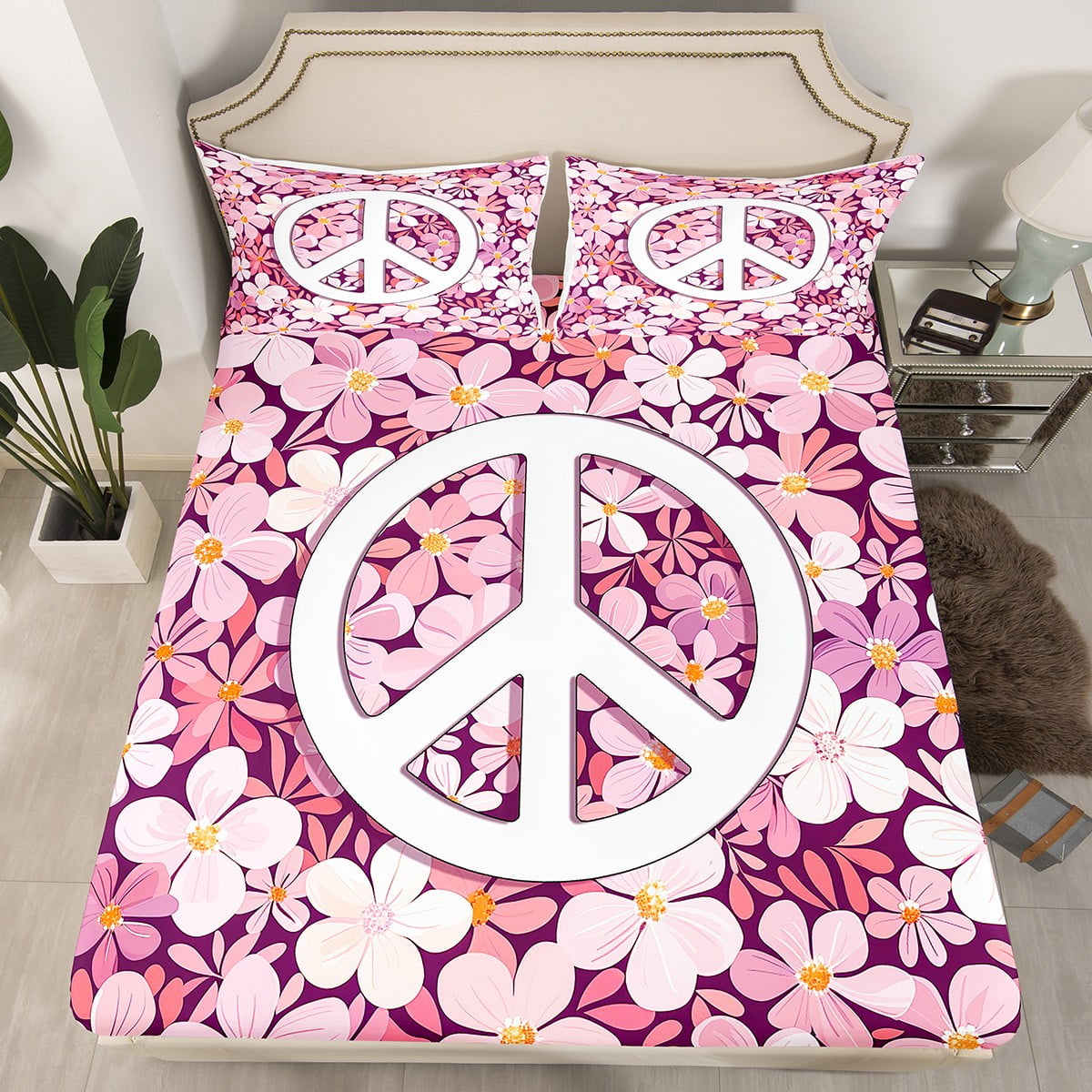 Groovy Style Bed Sheets,Pink Boho Flowers Twin Fitted Sheet Hippie ...