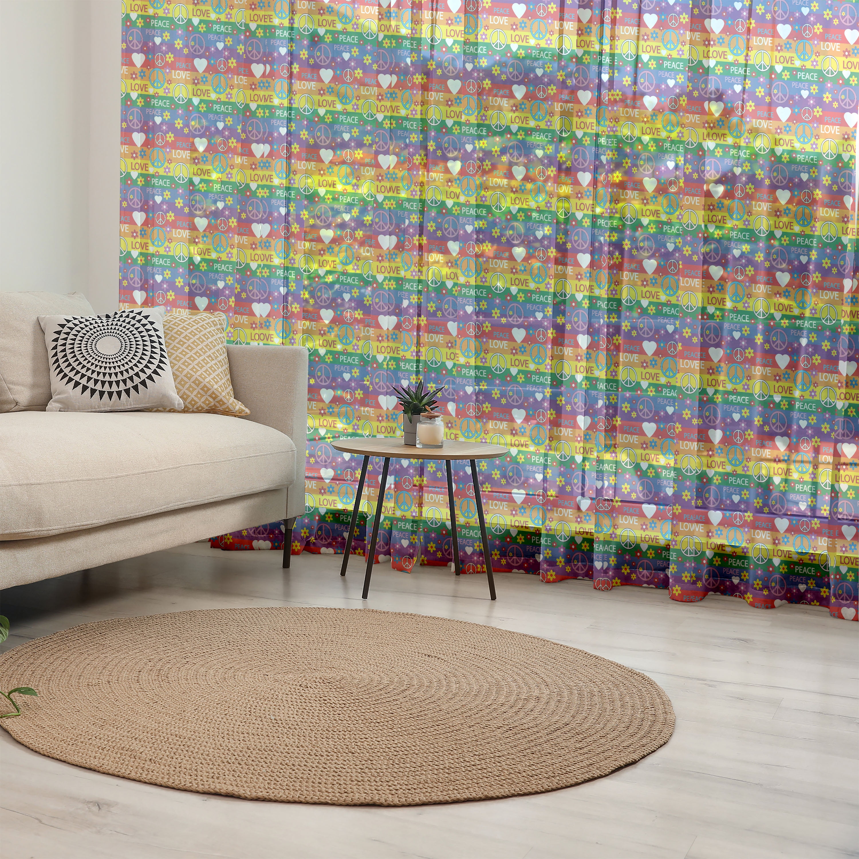 Groovy Tulle Curtains with Rod Pocket, Heart Peace Flower Power ...