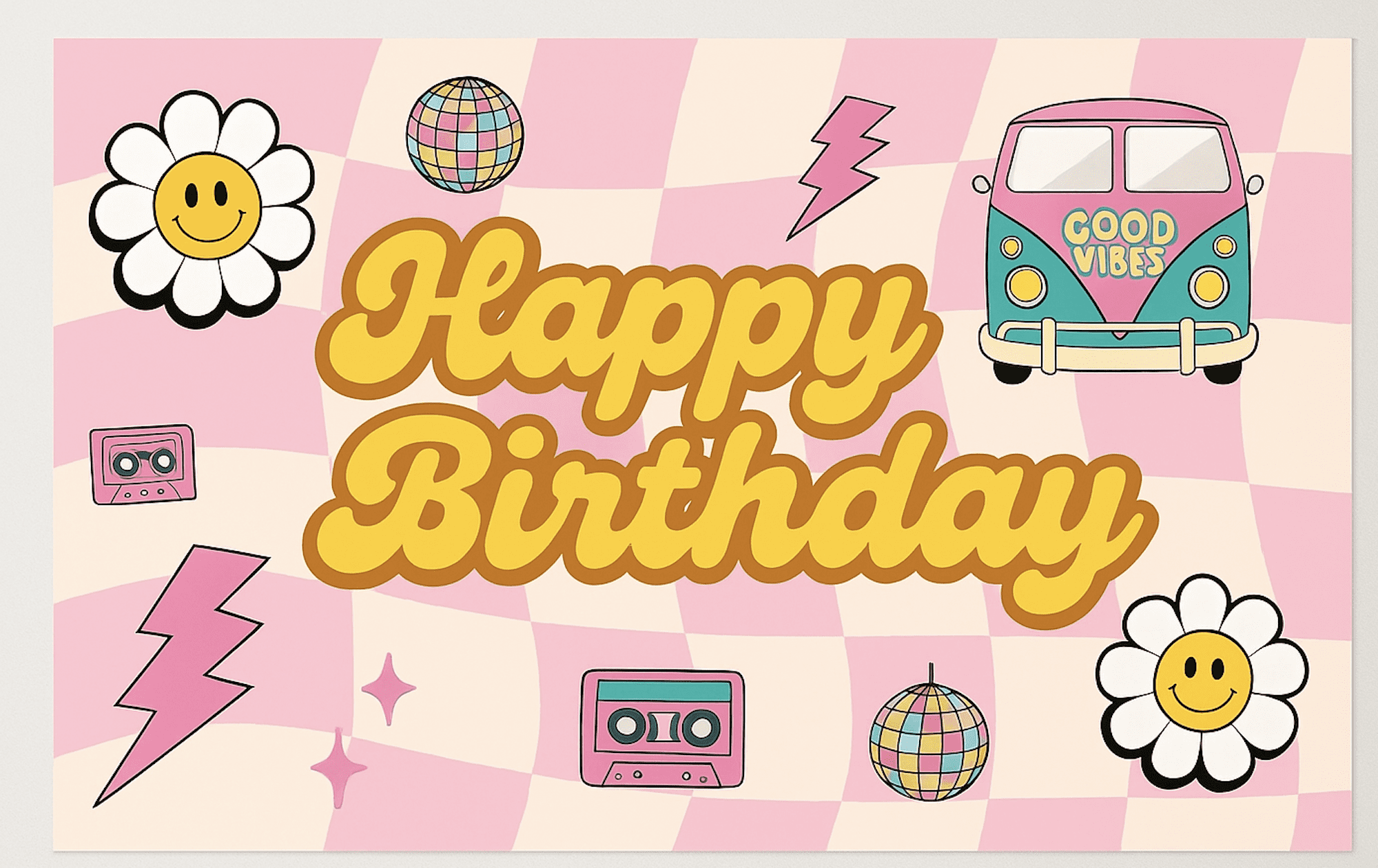 Groovy party Backdrop, Retro pink happy birthday decoration daisy disco ...