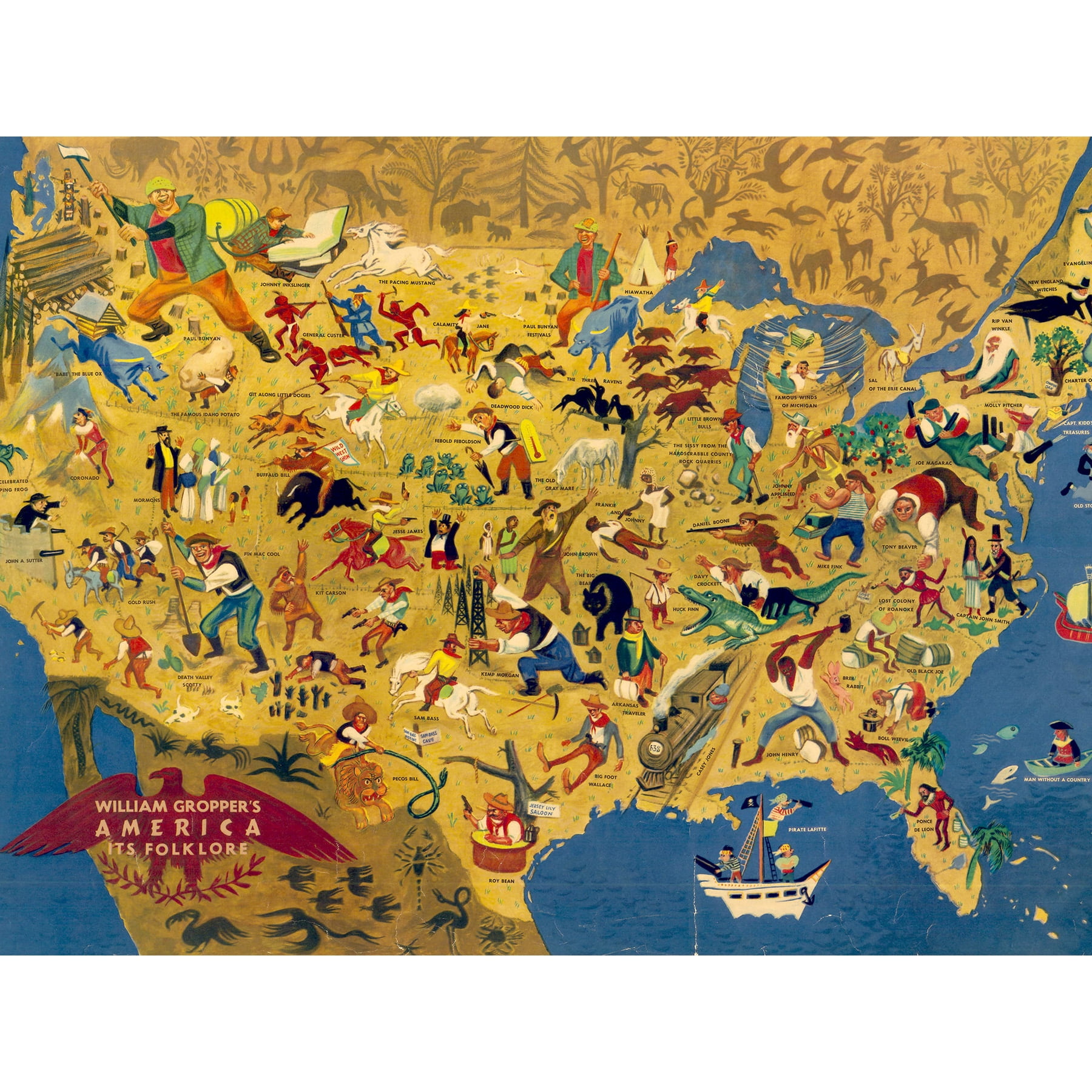 Groppers America Its Folklore 1946 Vintage Pictorial Map Extra Large XL ...