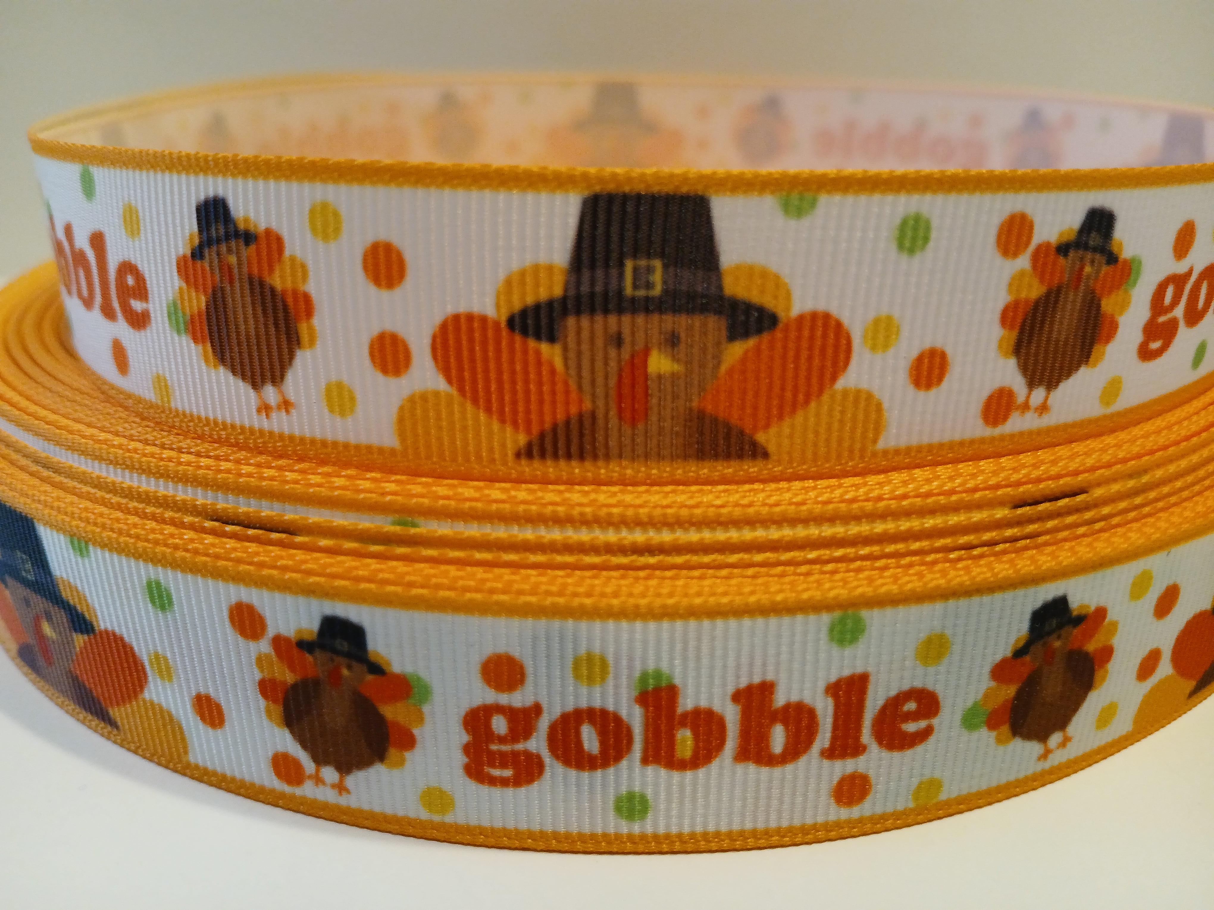 Grosgrain Ribbon Printed Gobble Pilgrim Turkey with Polka Dots Thin ...