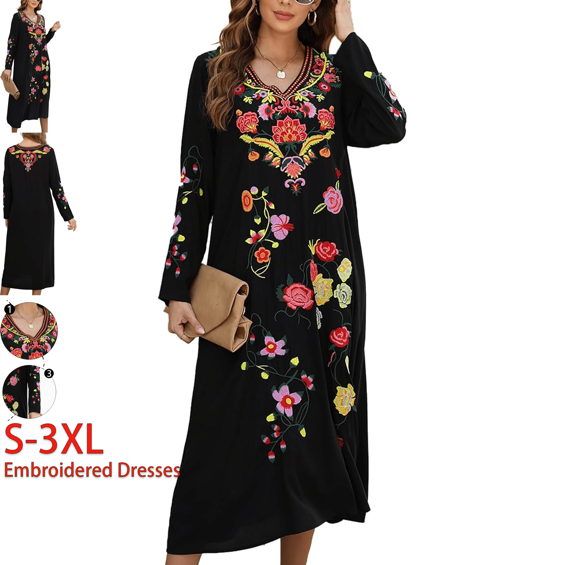 Grosy Embroidered Dresses for Women Plus Size Long Sleeve Midi Dress ...