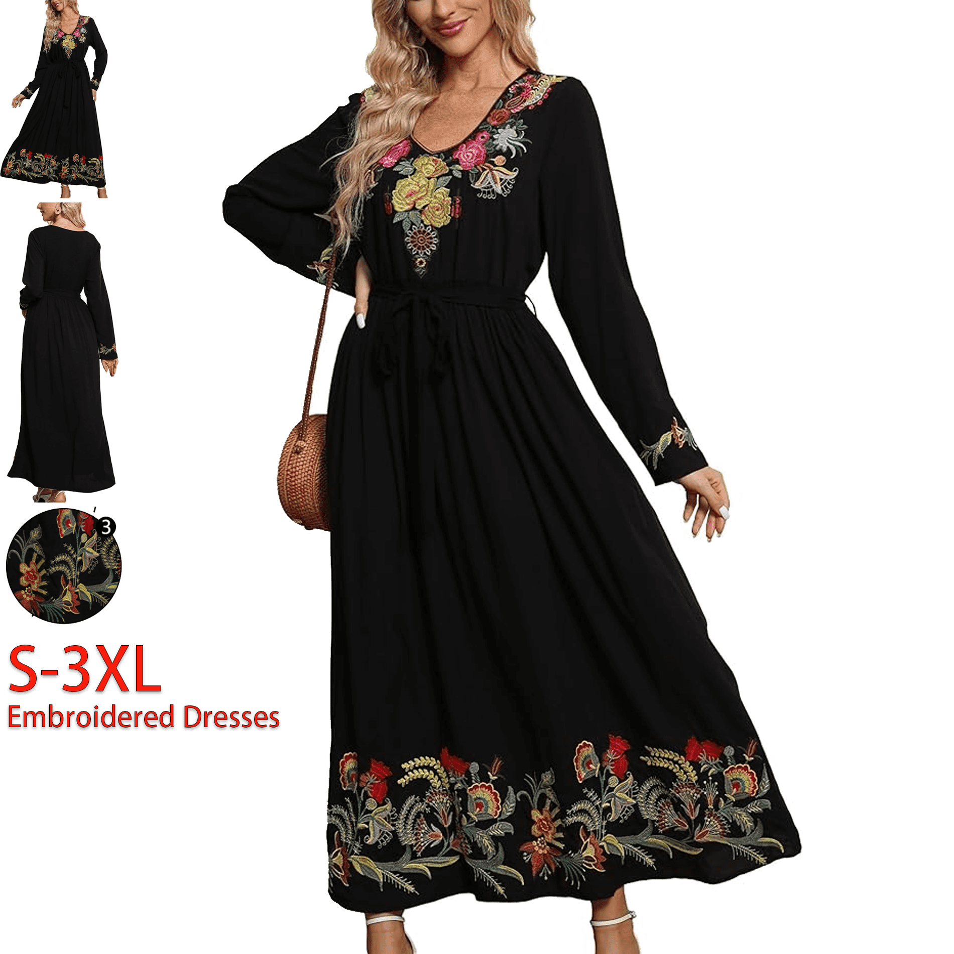Grosy Embroidered Dresses for Women Plus Size Long Sleeve Midi Dress ...