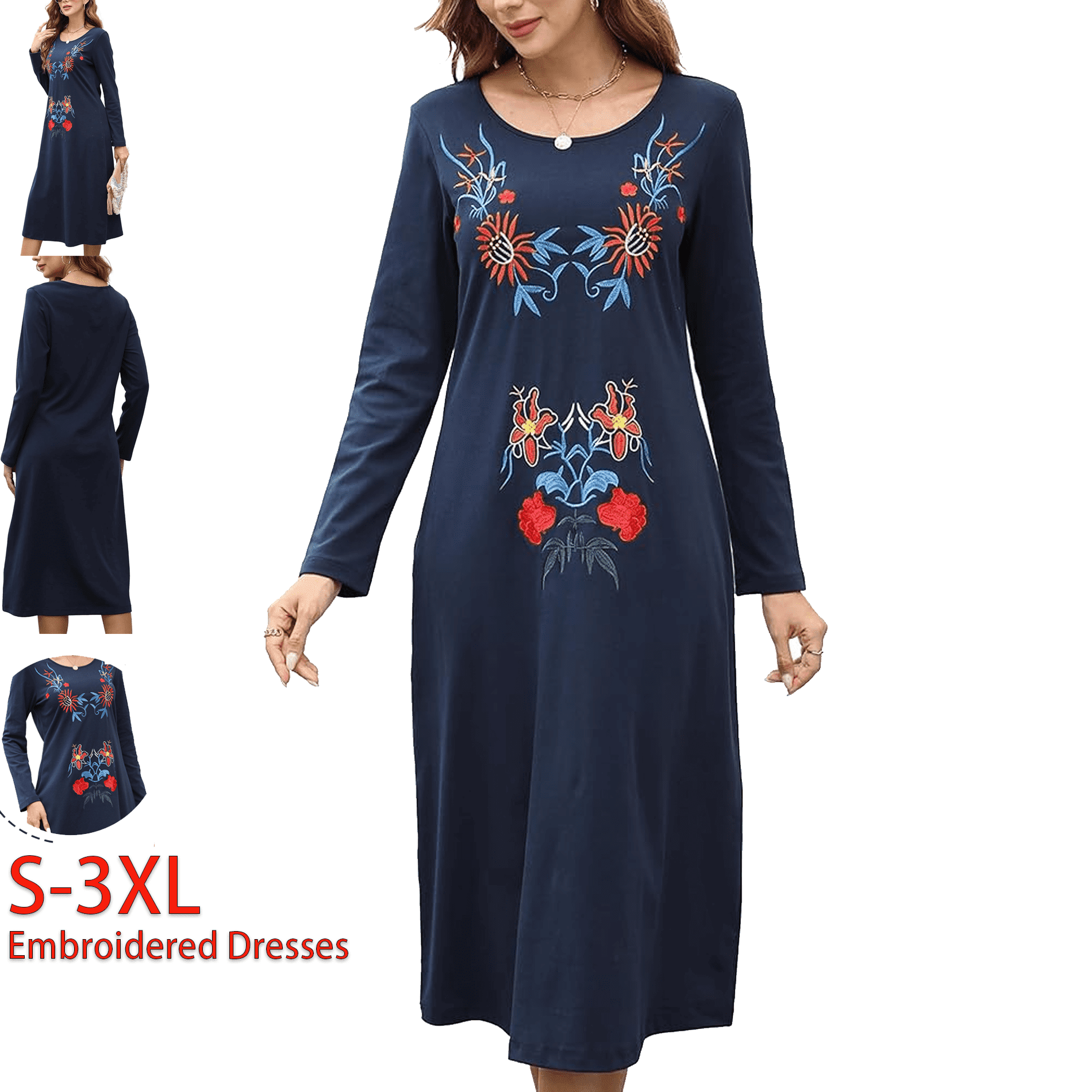 Grosy Embroidered Dresses for Women Plus Size Long Sleeve Midi Dress ...