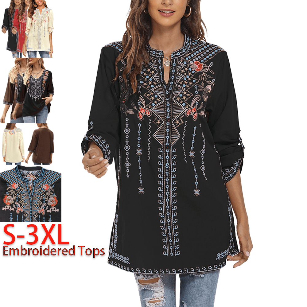 Grosy Embroidered Tops for Women 3/4 Sleeve V Neck Plus Size Boho ...
