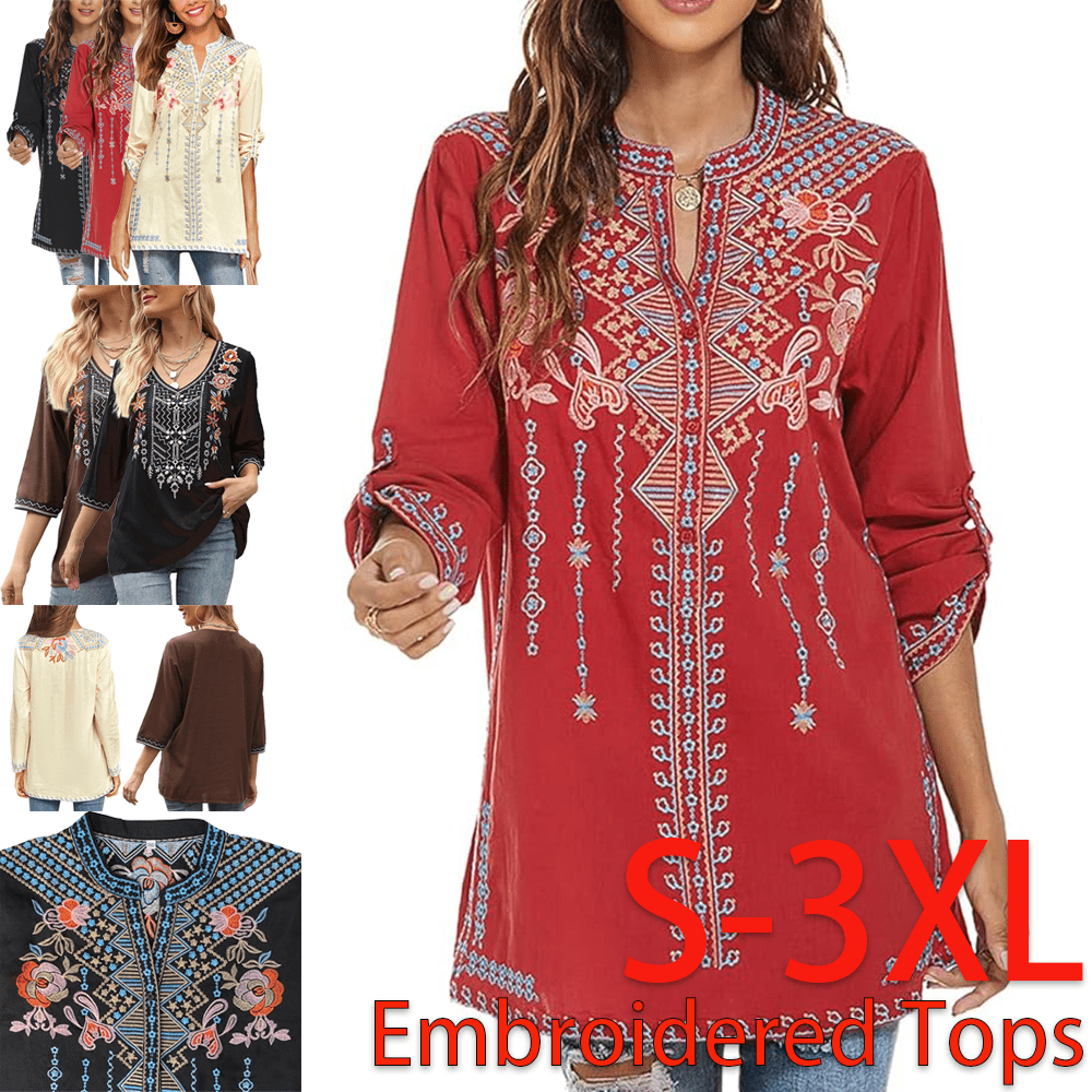 Grosy Embroidered Tops for Women Plus Size 3/4 Sleeve Tunic Tops ...