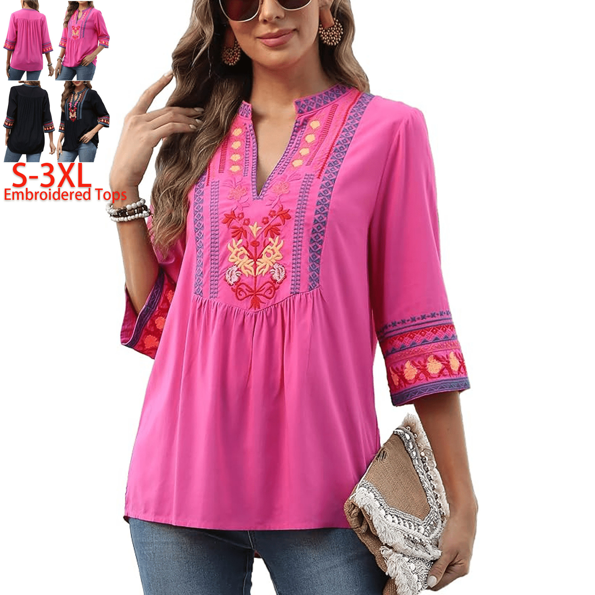 Grosy Embroidered Tops for Women 3/4 Sleeve V Neck Plus Size Boho ...