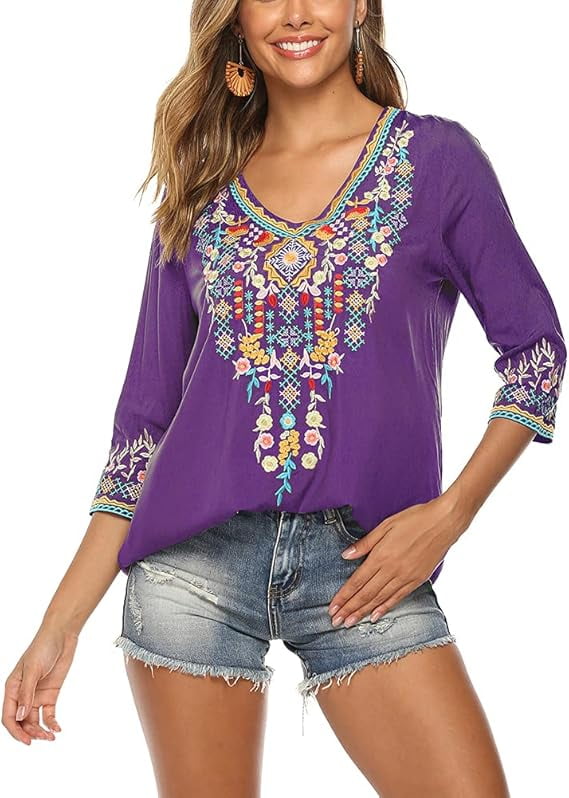 Grosy Womens Plus Size Tops 3/4 Sleeve V Neck Shirts Tunic Casual ...