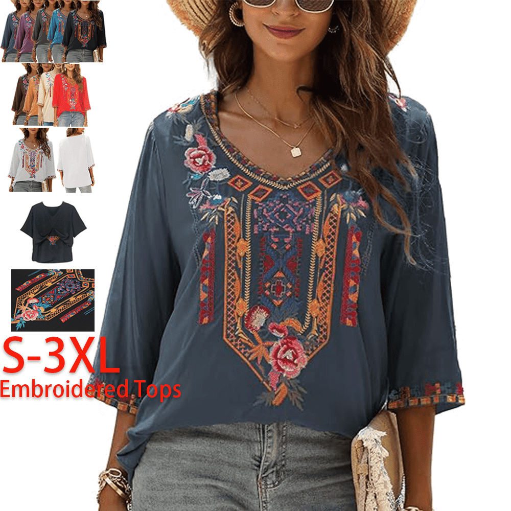 Grosy Womens Tops Plus Size Summer Embroidered T Shirts V Neck Short ...