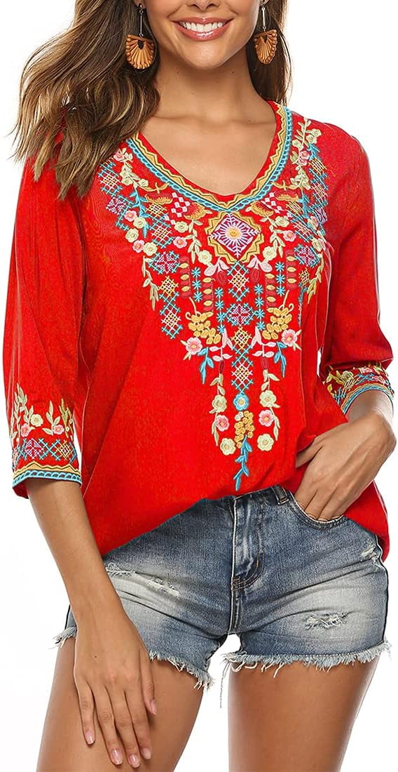 Grosy Womens Plus Size Tops 3/4 Sleeve V Neck Shirts Tunic Casual ...