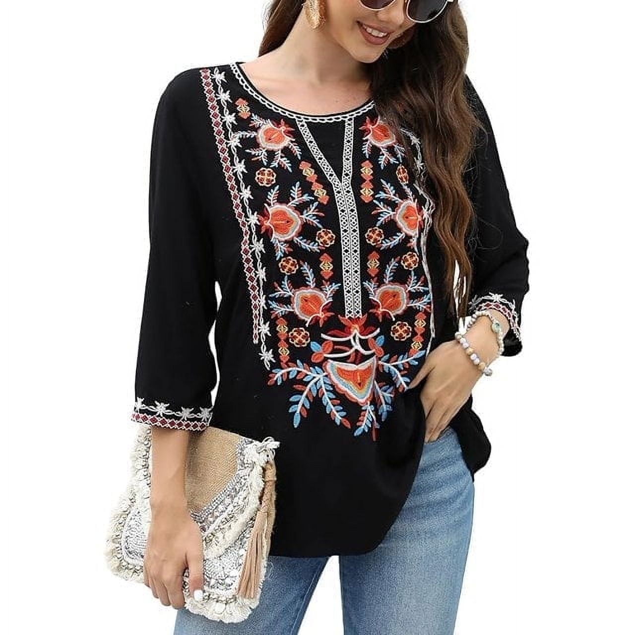 Grosy Embroidered Tops for Women 3/4 Sleeve V Neck Plus Size Boho ...