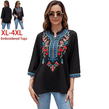 Grosy Embroidered Tops for Women Long Sleeve V Neck Plus Size Boho Mexican Style Blouse Peasant ...