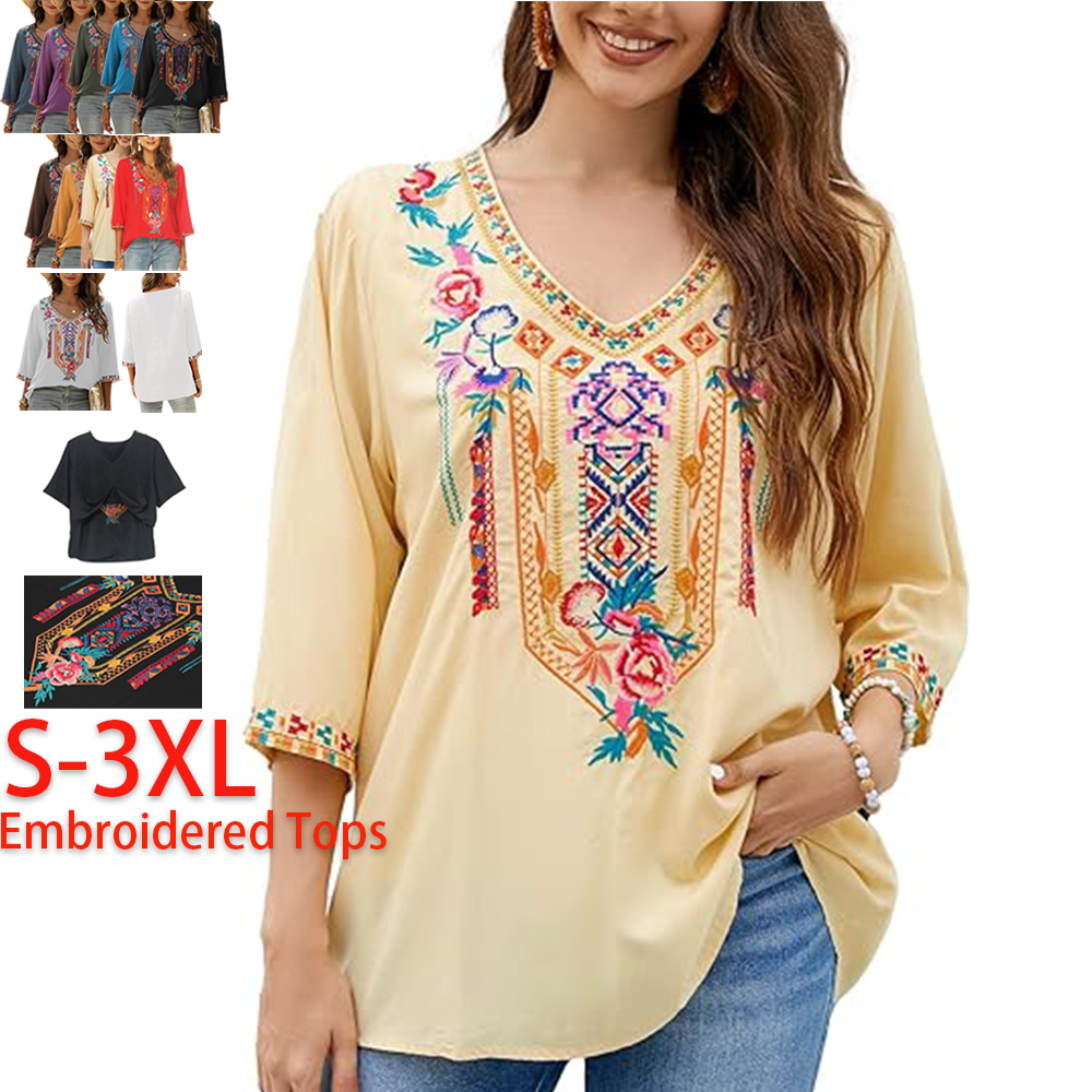 Grosy Embroidered Tops for Women 3/4 Sleeve V Neck Plus Size Boho ...