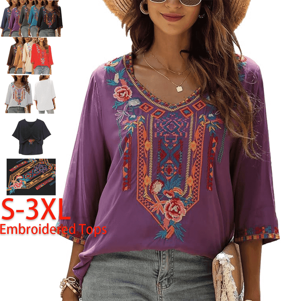 Grosy Embroidered Tops for Women 3/4 Sleeve V Neck Plus Size Boho Mexican Style Blouse Peasant ...