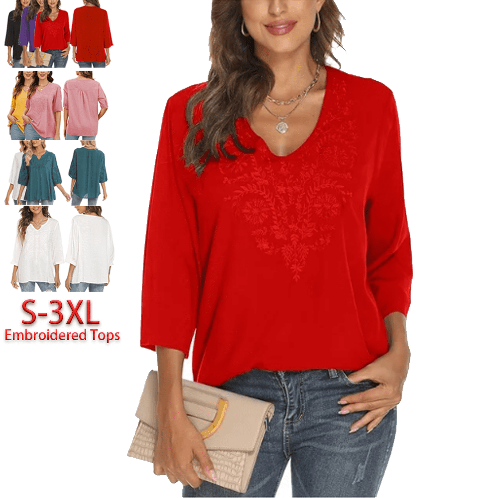 Grosy Embroidered Tops for Women 3/4 Sleeve V Neck Plus Size Boho ...