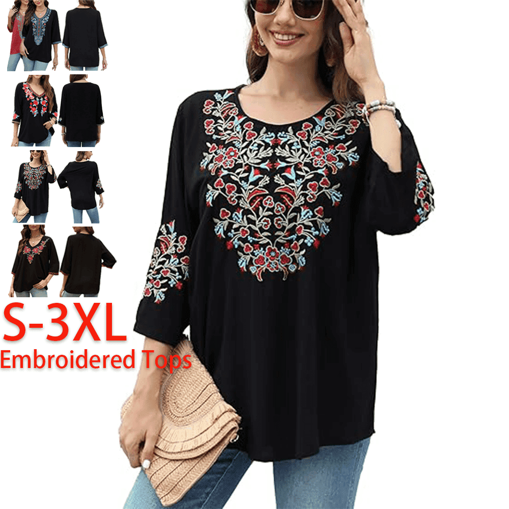Grosy Embroidered Tops for Women 3/4 Sleeve V Neck Plus Size Boho ...