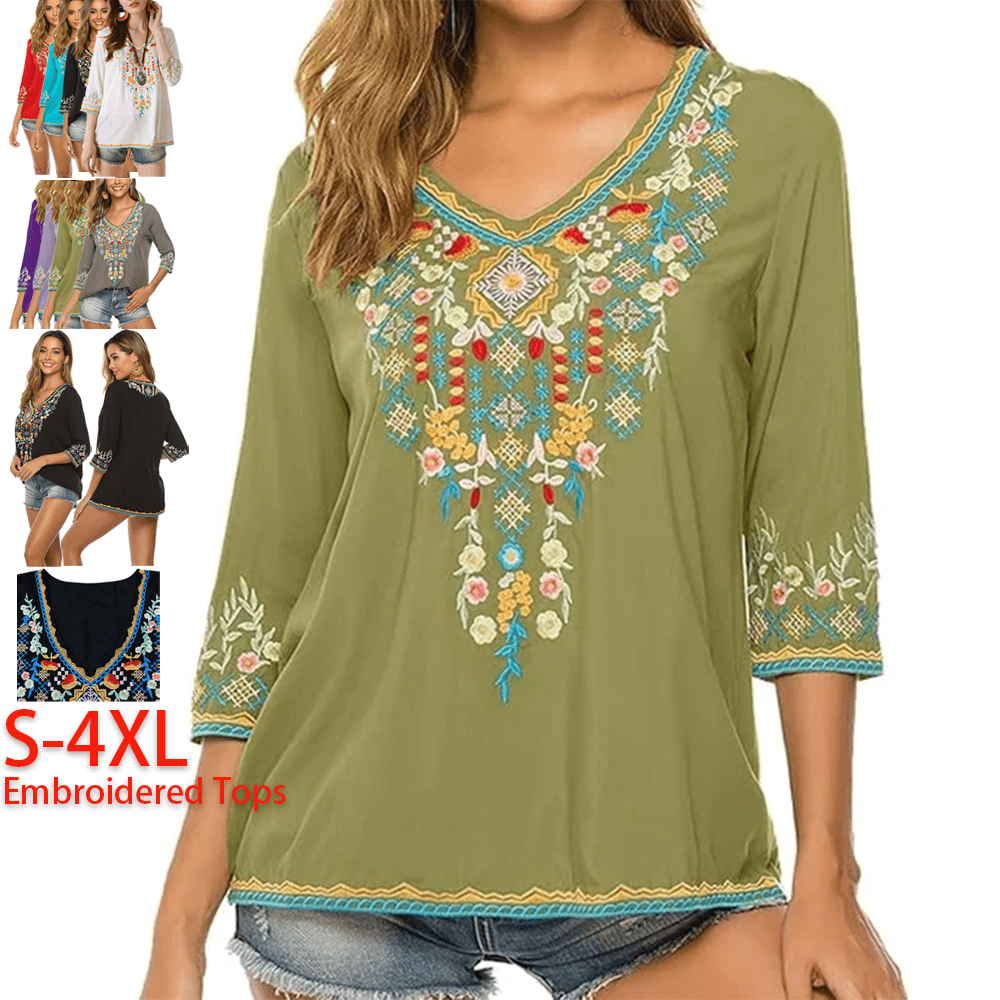 Grosy Embroidered Tops for Women 3/4 Sleeve V Neck Plus Size Boho ...