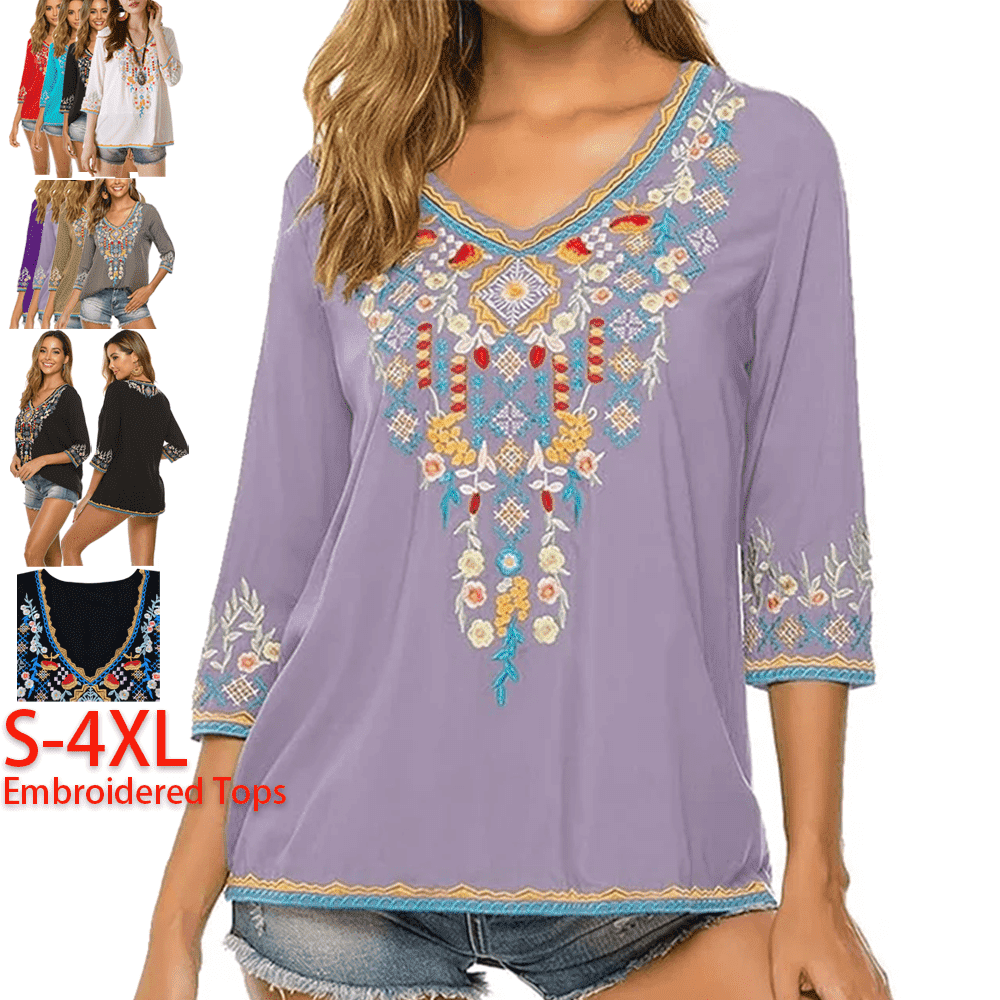 Grosy Embroidered Tops for Women 3/4 Sleeve V Neck Plus Size Boho Mexican Style Blouse Peasant ...