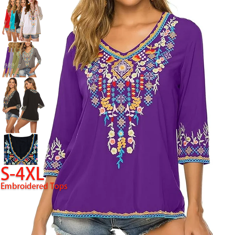 Grosy Embroidered Tops for Women 3/4 Sleeve V Neck Plus Size Boho Mexican Style Blouse Peasant ...