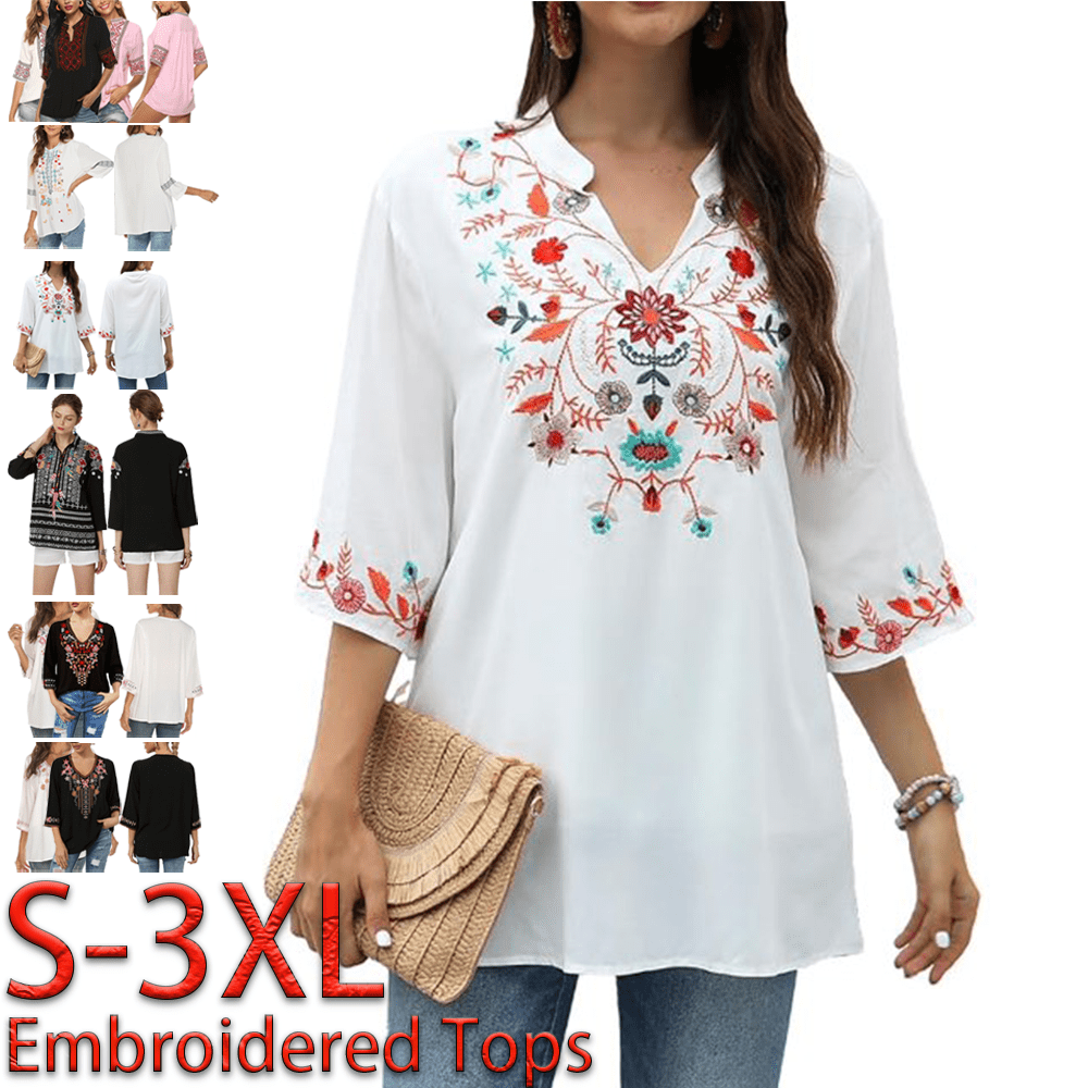 Grosy Embroidered Tops for Women Plus Size 3/4 Sleeve Tunic Tops ...